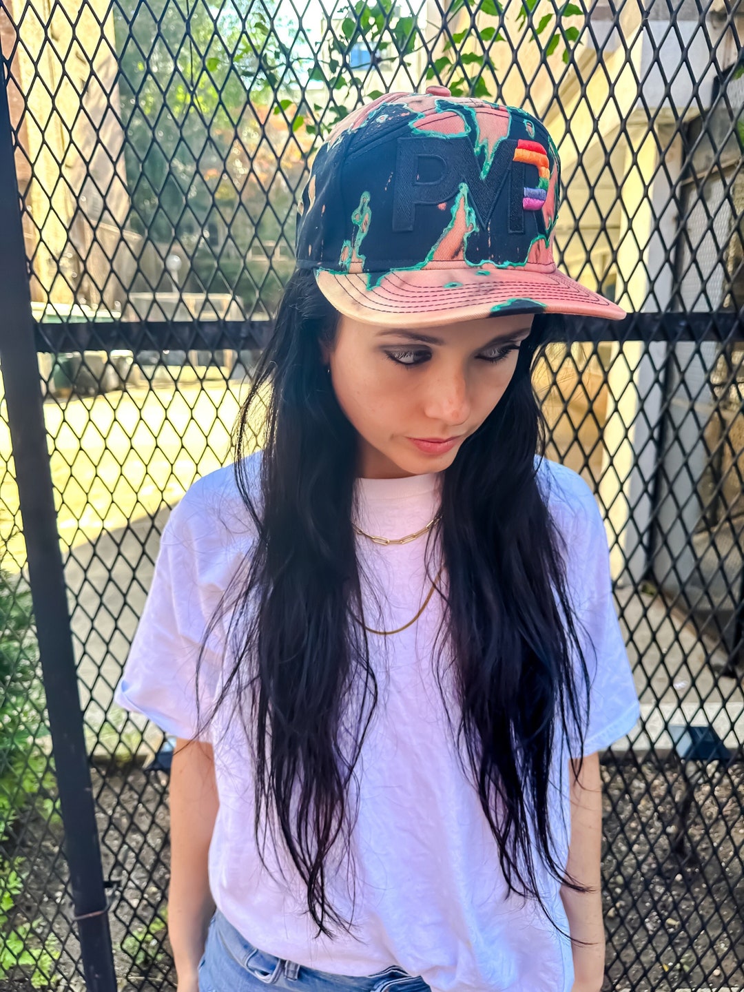 Upcycled Baseball Cap | Bleach Splattered + Puff Paint Outlined ...