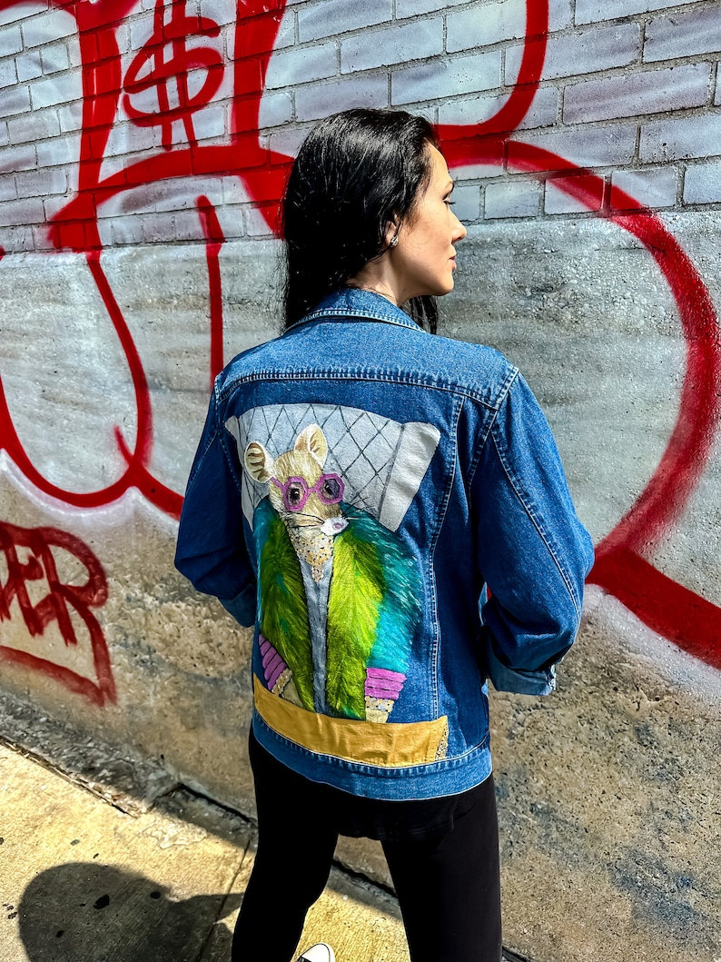 Luxury Mouse Upcycled Denim Jacket Hand Painted Rodent Wearing Fur ...
