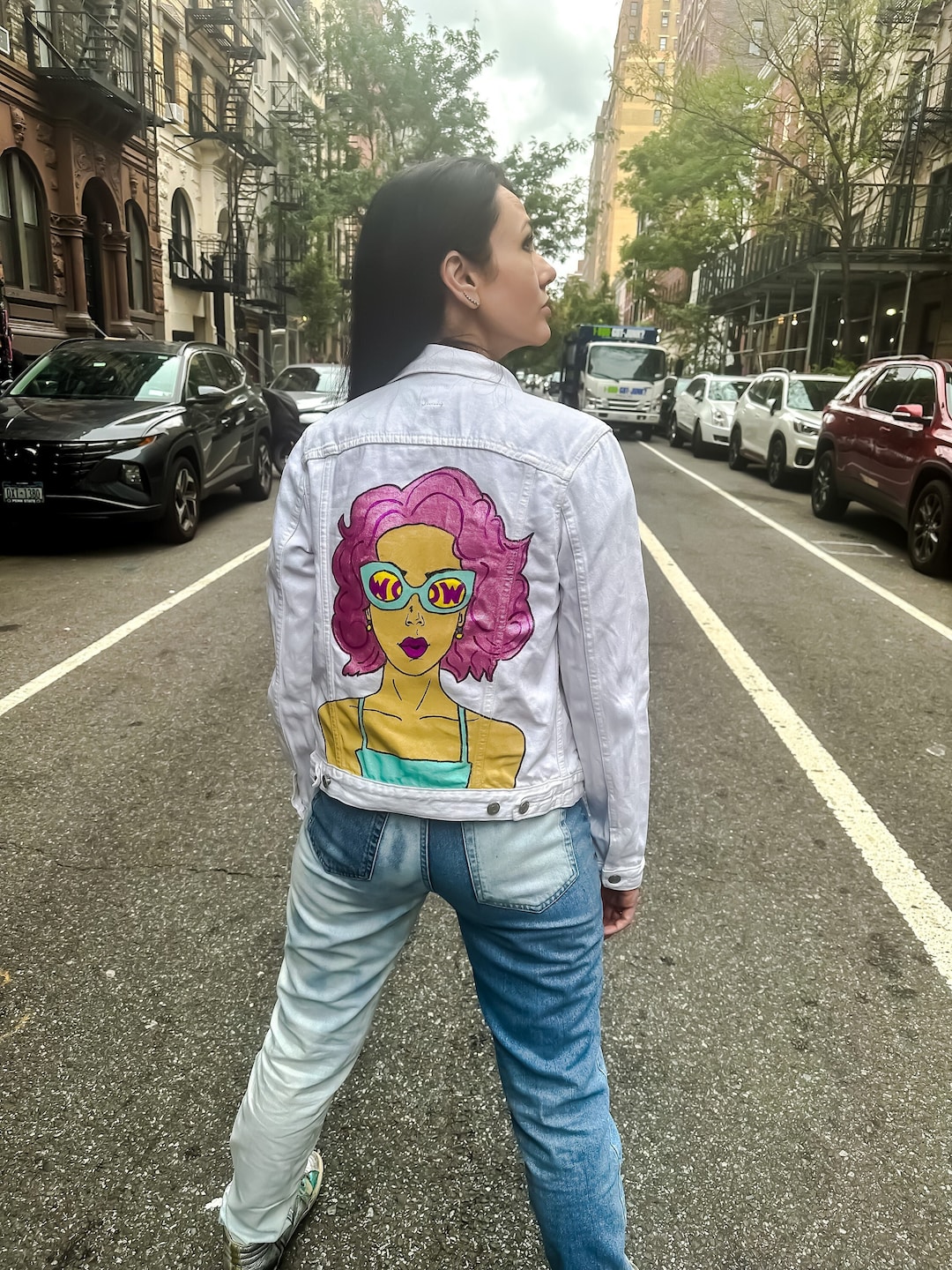 WOW Pop Art Upcycled White Denim | Hand Painted Cartoon Retro Girl ...