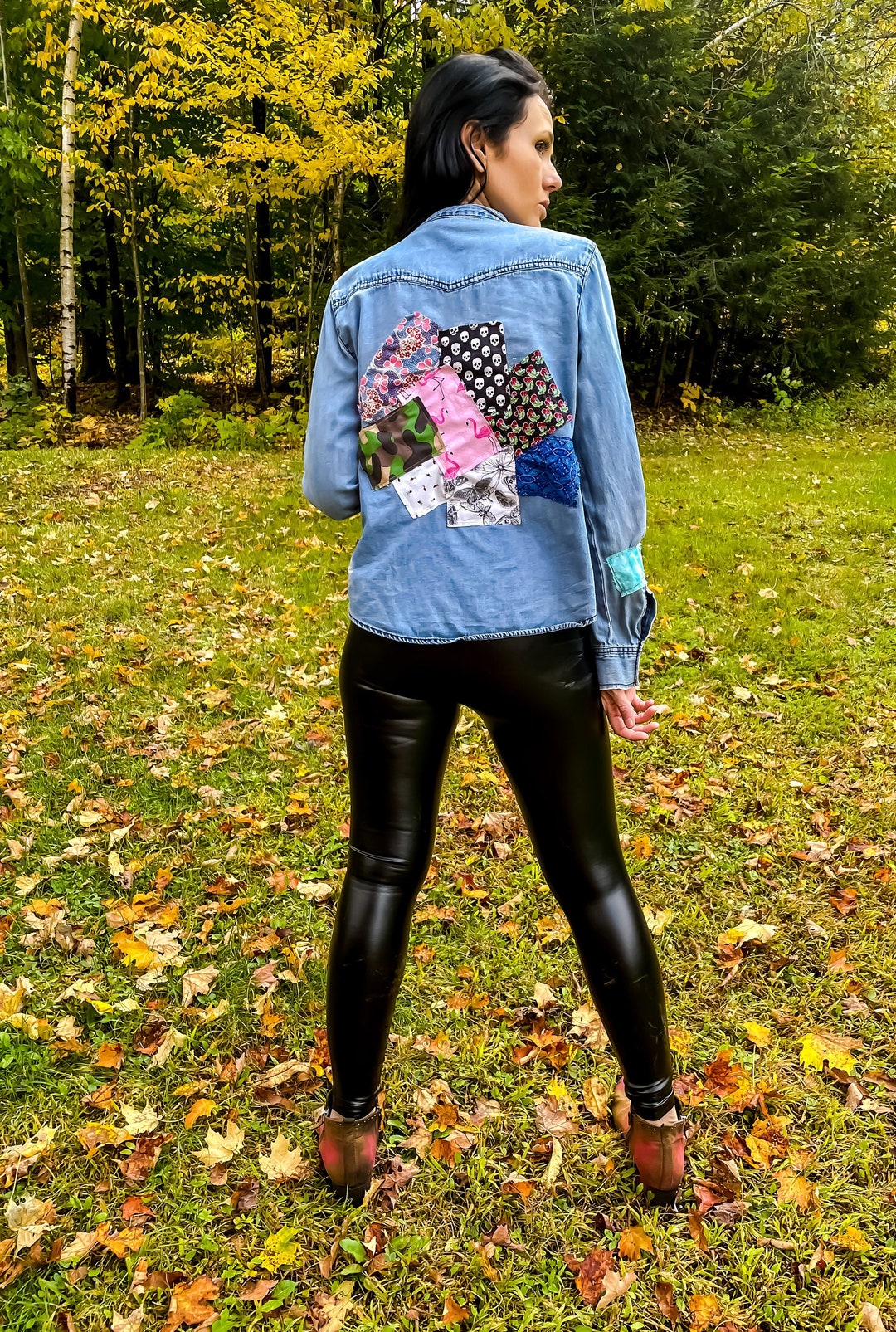 Patchwork Denim Shirt Reworked, Custom Sewn Patch Pattern Upcycled ...