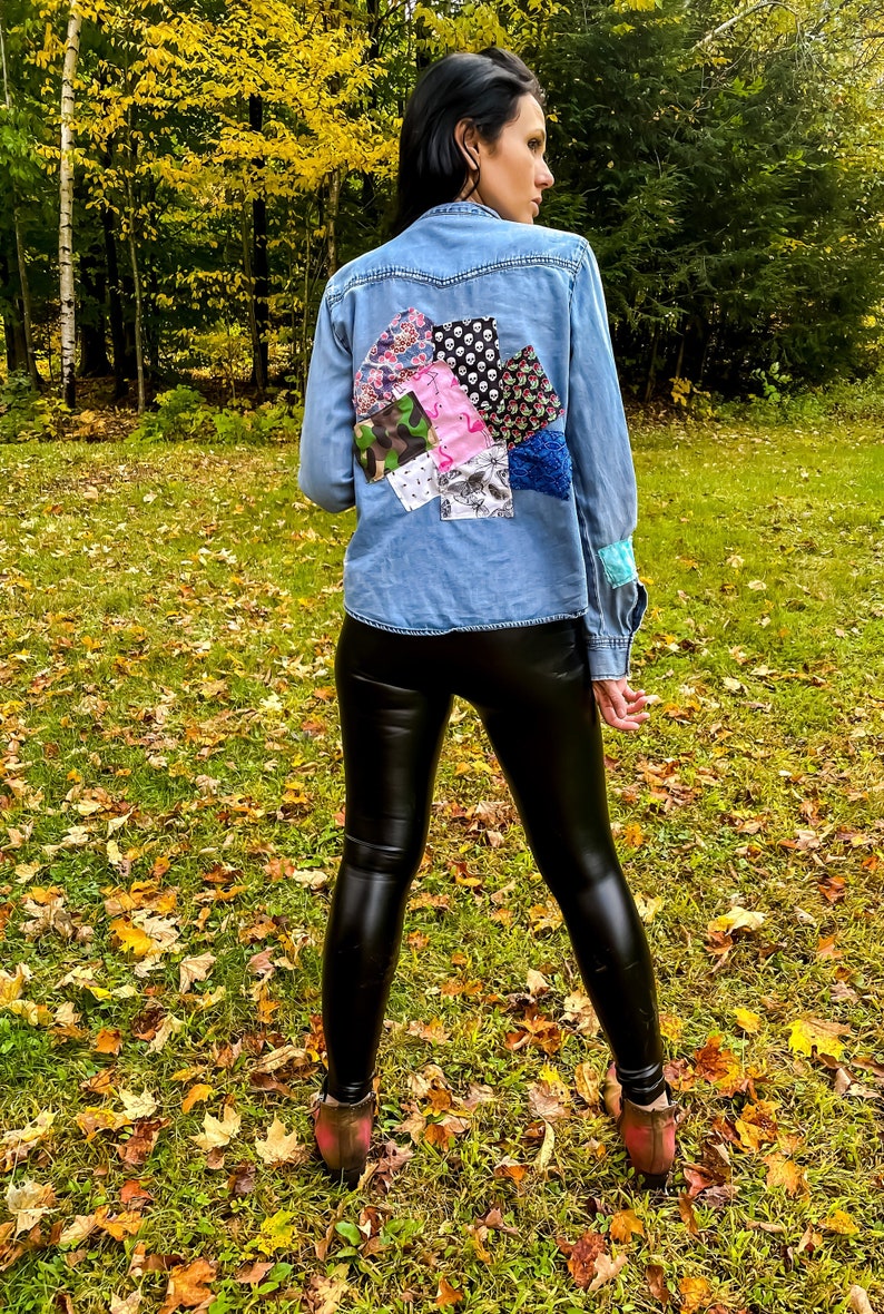 Patchwork Denim Shirt Reworked, Custom Sewn Patch Pattern Upcycled ...