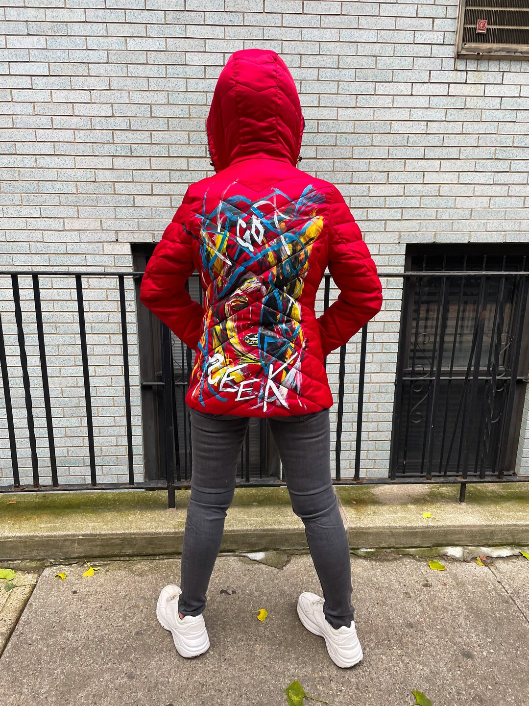 Hand Painted Red Puffer Coat GO SEEK Graffiti Art Graphic Woman's ...