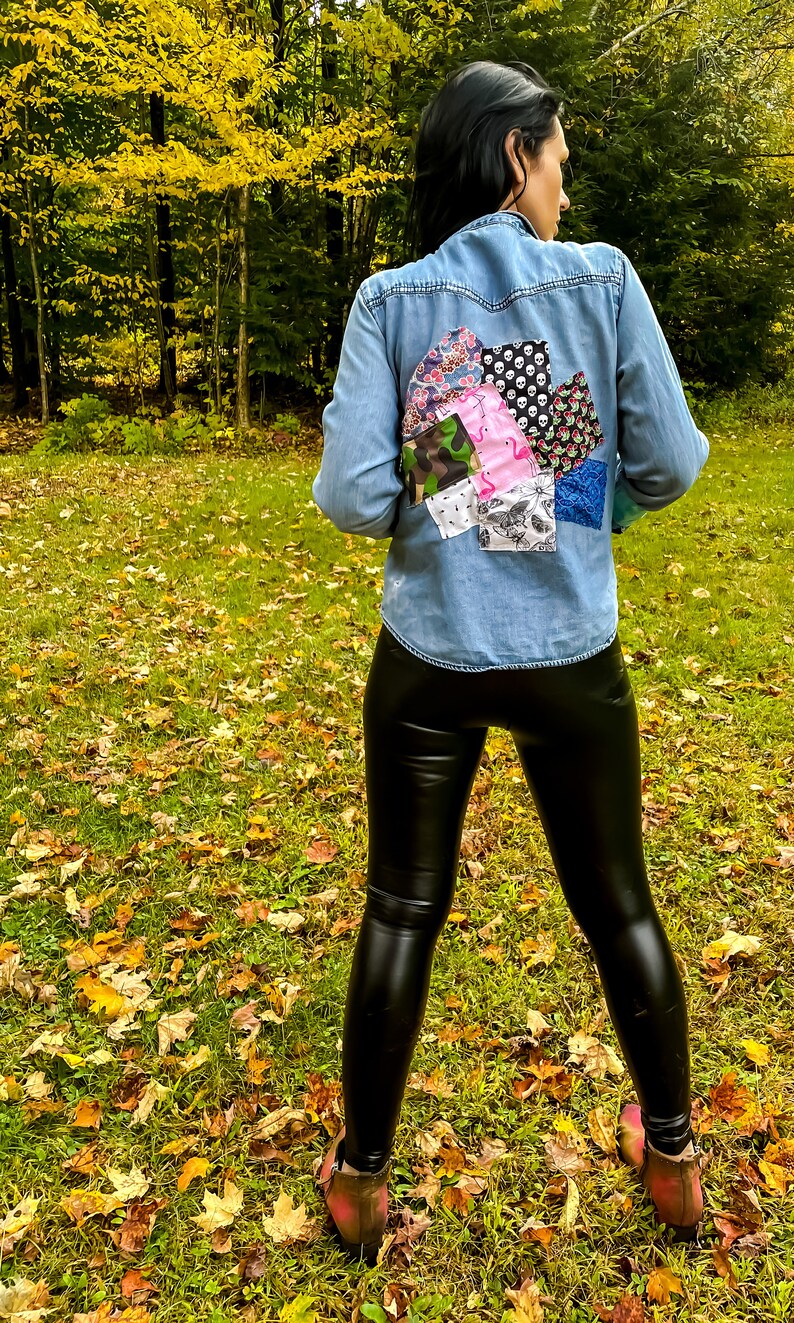 Patchwork Denim Shirt Reworked, Custom Sewn Patch Pattern Upcycled ...