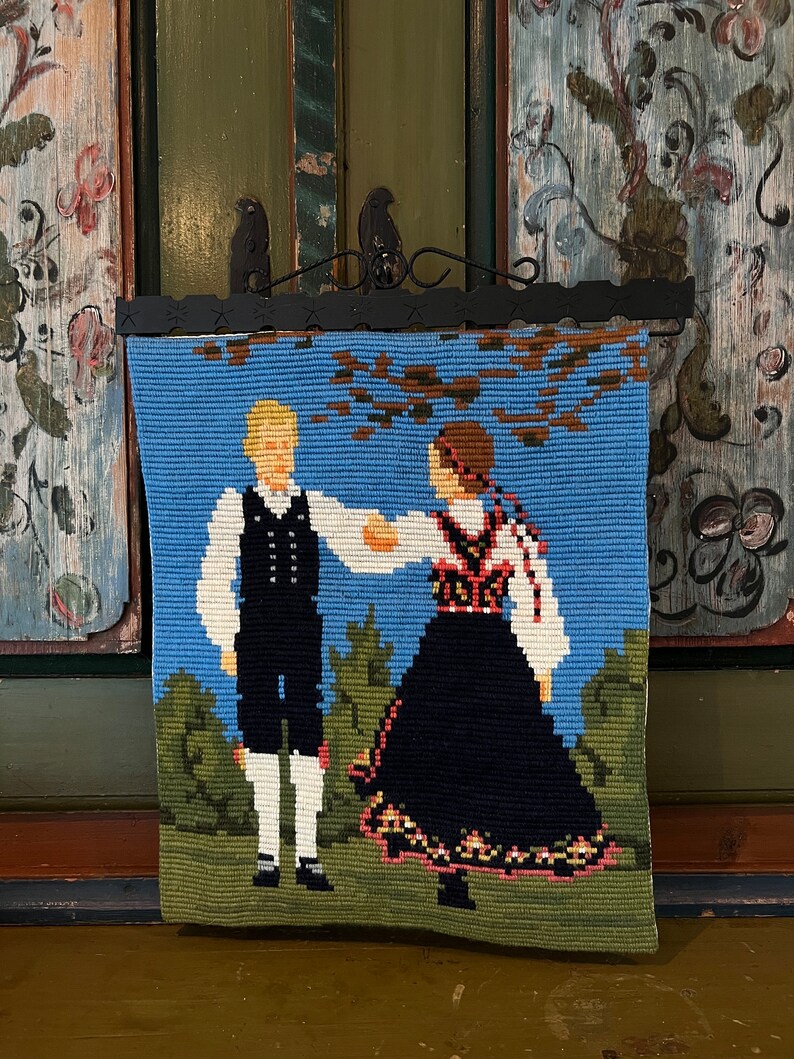1950 60s Vintage Norwegian Home Decor Hand Woven Embroidered Wall Rug