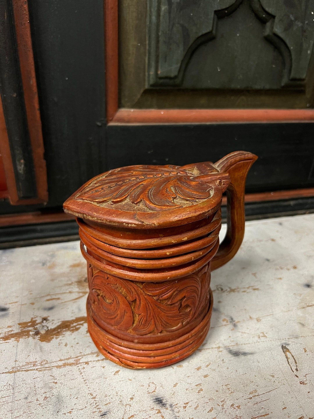 1800s Antique Norwegian Jug / Tankard Folkart, Detailed Handcarving ...