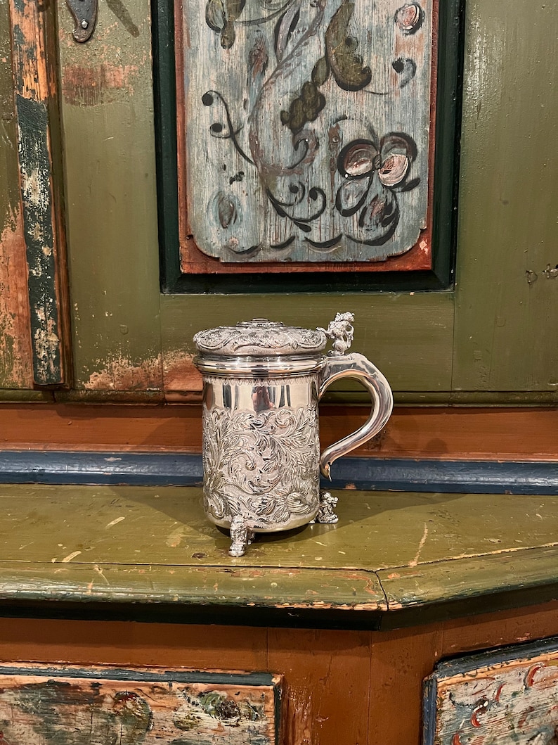 Vintage Solid Silver Jug / Tankard With Handcrafted Motifs and Lion ...