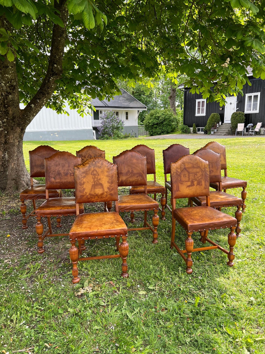 Antique Norwegian Handcrafted Chairs in Leather and Birch Wood, Louis ...