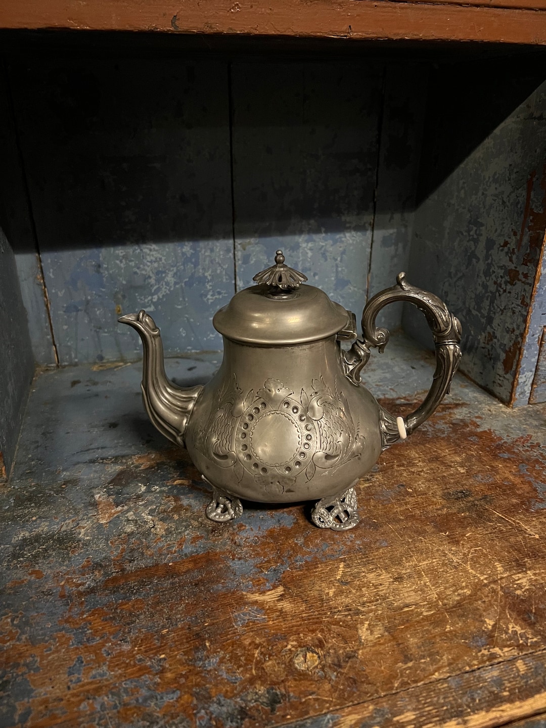 1800s Antique Coffee / Tea Pot, Rococo / Victorian Style Metal / Tin ...