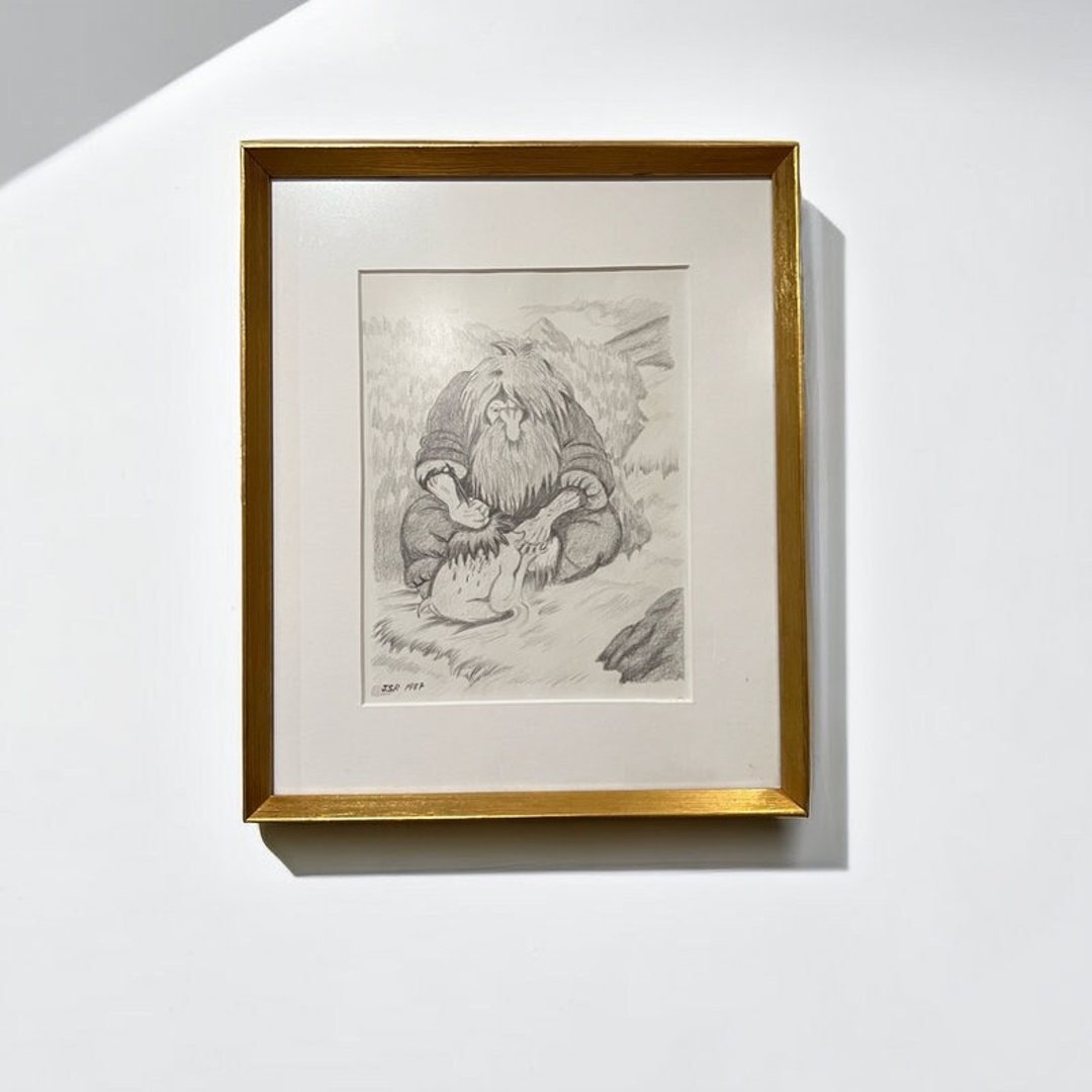 1987 Pencil Drawing "troll Washing His Child", Professionally Framed ...