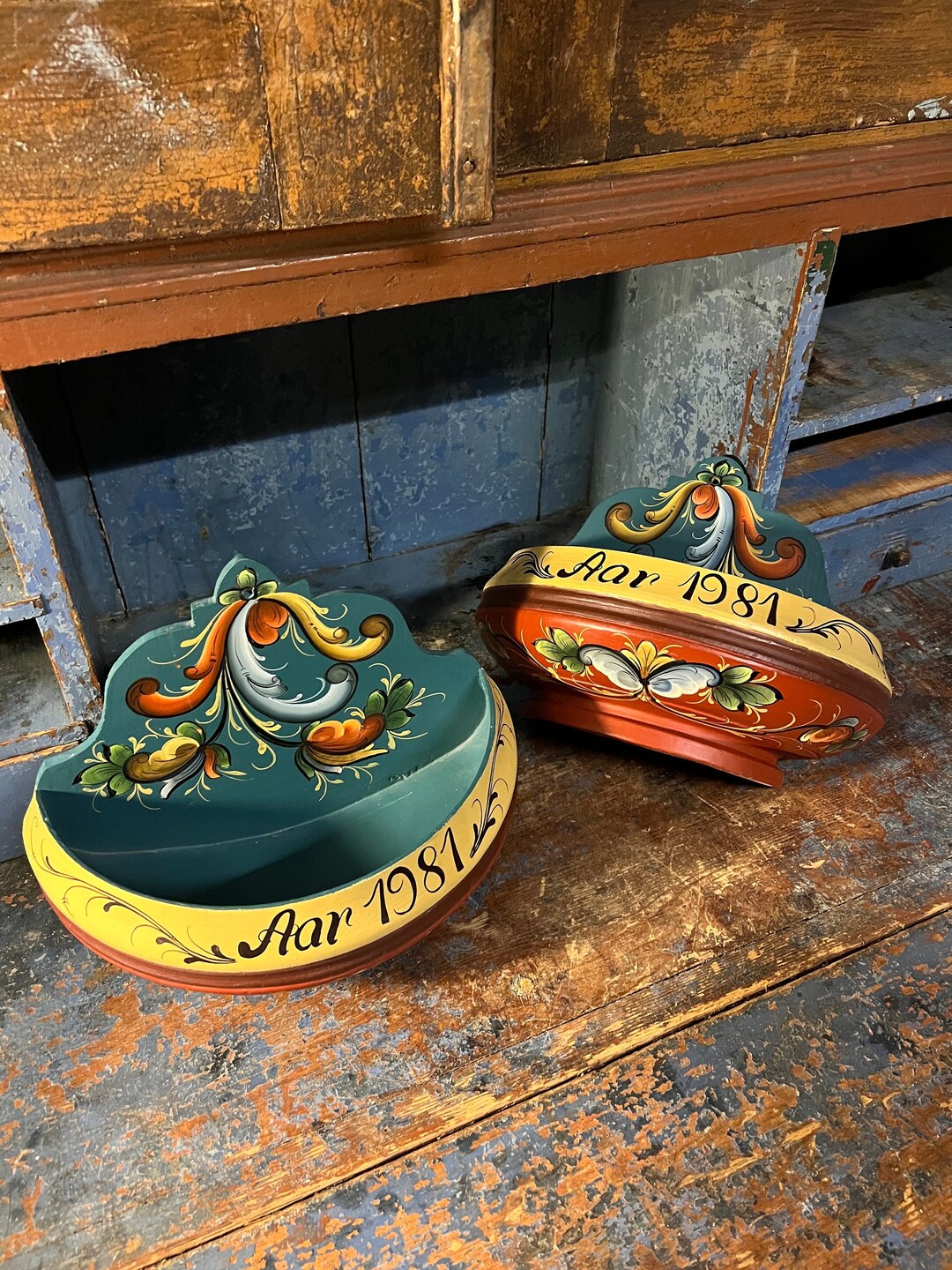 Pair of 1981 Norwegian Rosemaling Wall Potte/ Wall Decor/ Flower Potte ...