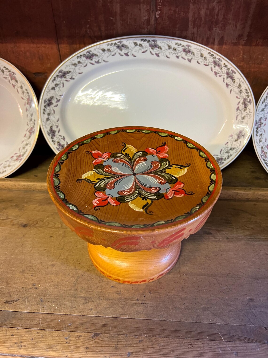 Ca. 1950s Solid Wooden Stand With Norwegian Rosemaling, Cake / Fruit ...