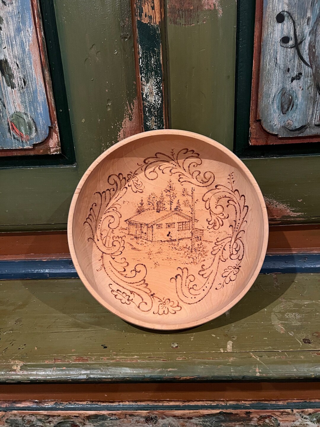 VTG "forest Cabin" Wooden Bowl With Scorched Rosemaling Pattern, Folk ...