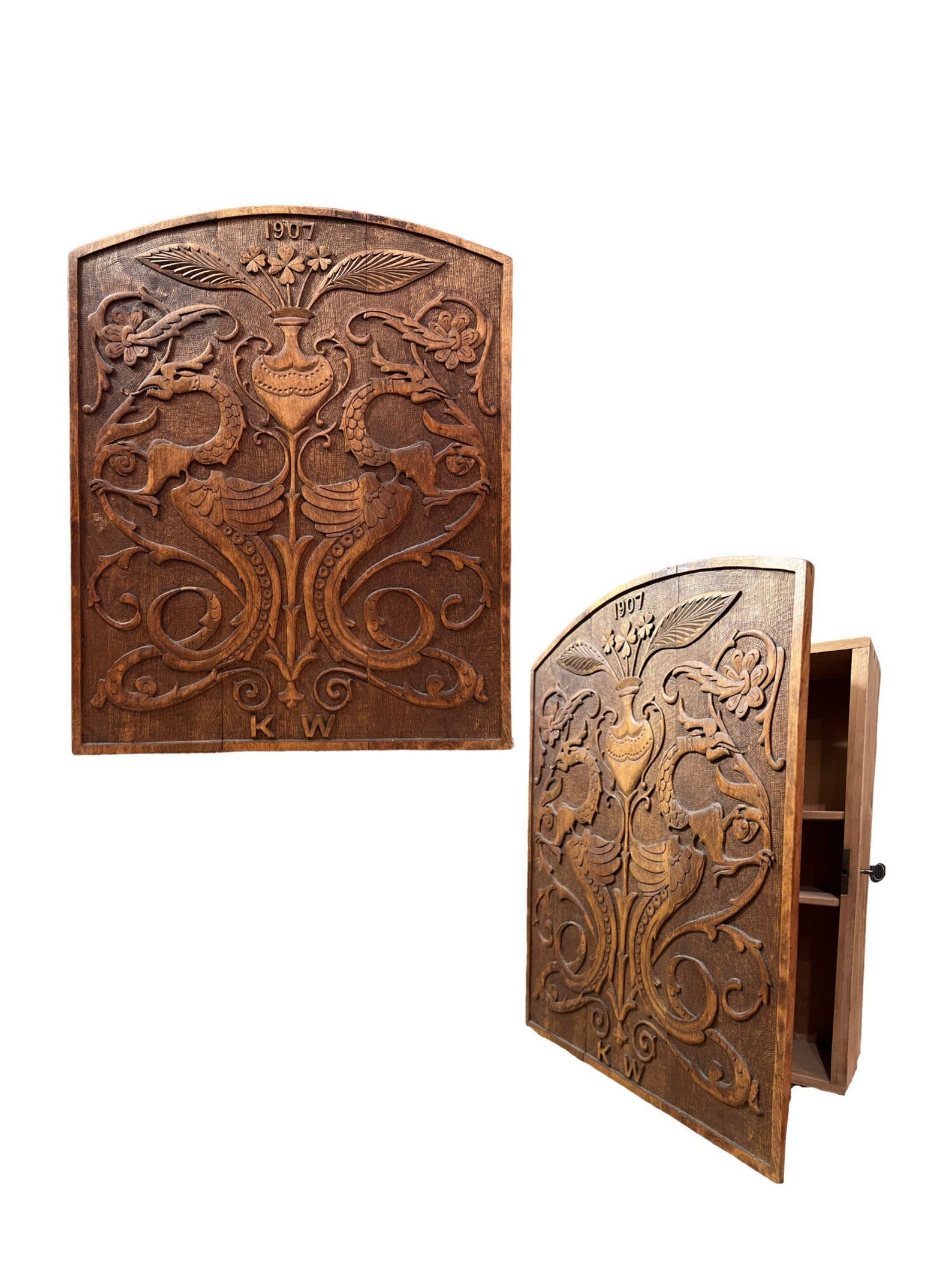 Dated 1907 Norwegian Hand Carved Hanging Cabinet With Deeply Carved ...