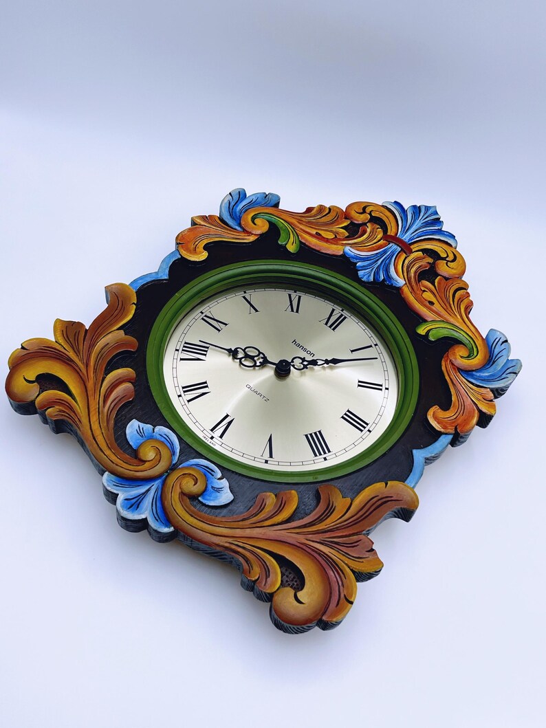 1980s Unique Wall Hanging Clock With Hand-carved Pattern, Scandinavian ...