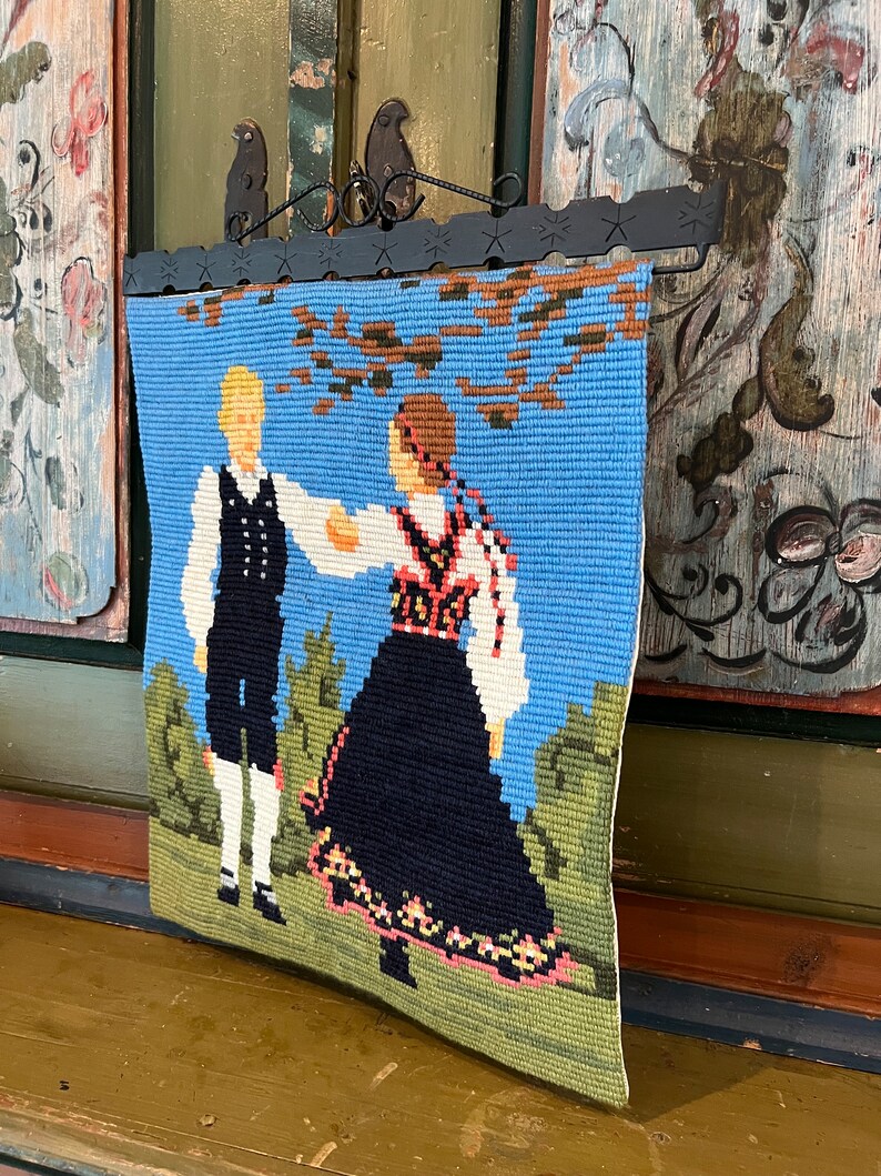 1950 60s Vintage Norwegian Home Decor Hand Woven Embroidered Wall Rug
