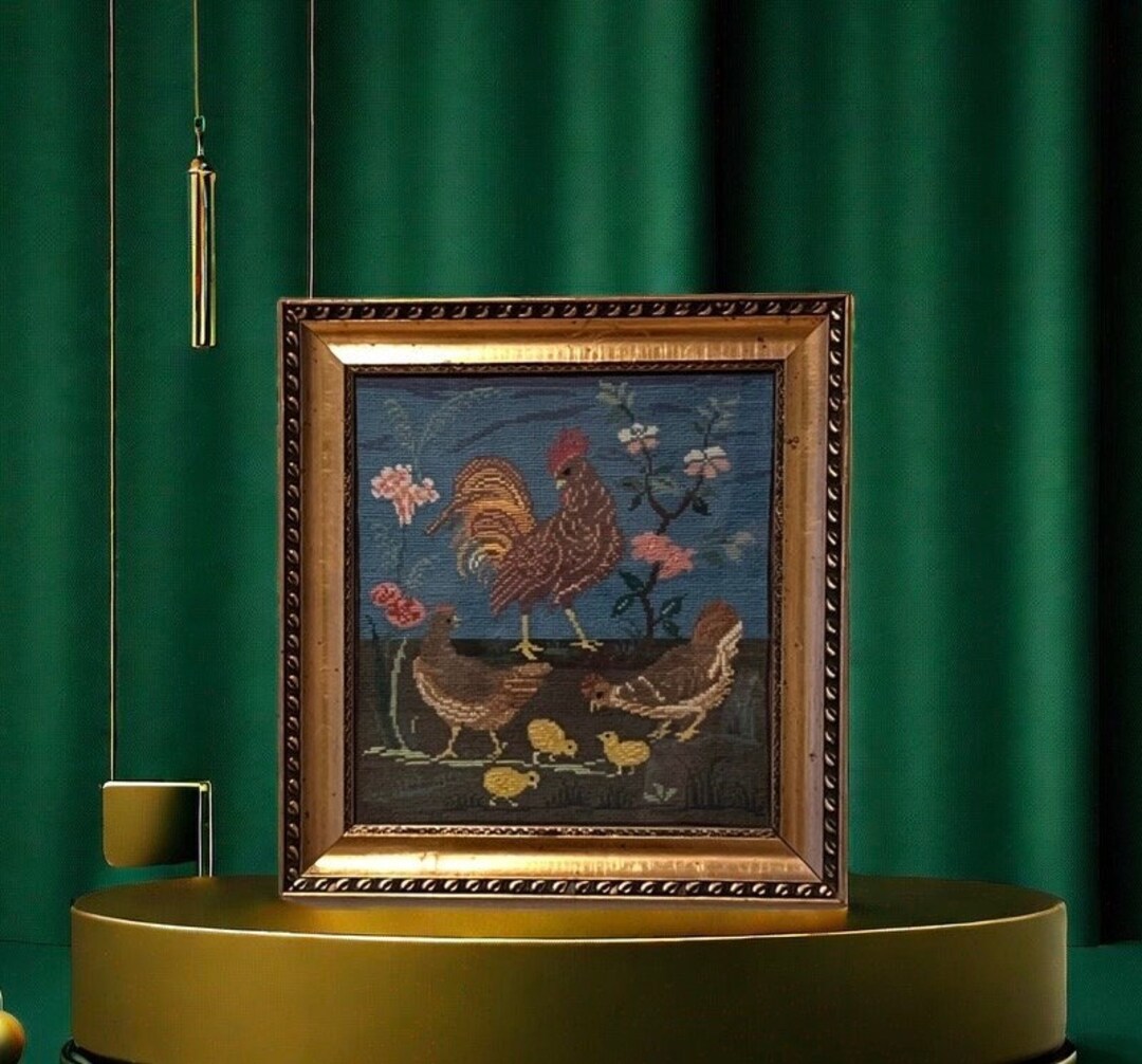 1880-1920s Needlework "rooster and Hens / Family" With Original Wooden ...