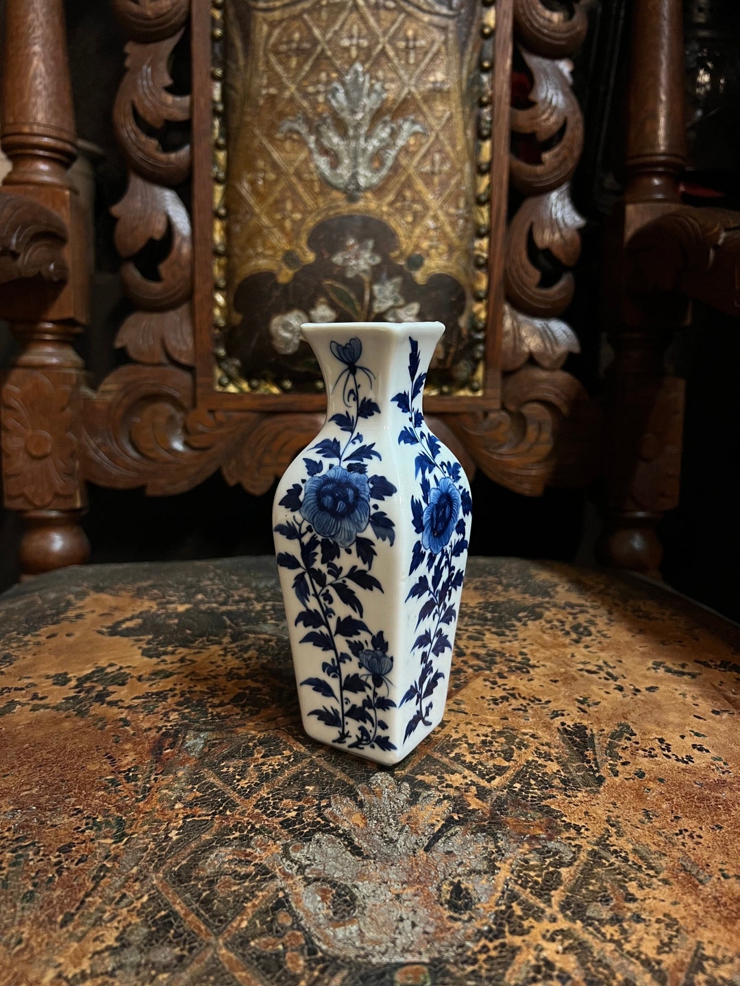 Antique Chinese Square Vase Blue and White Flower and Leaves - Etsy