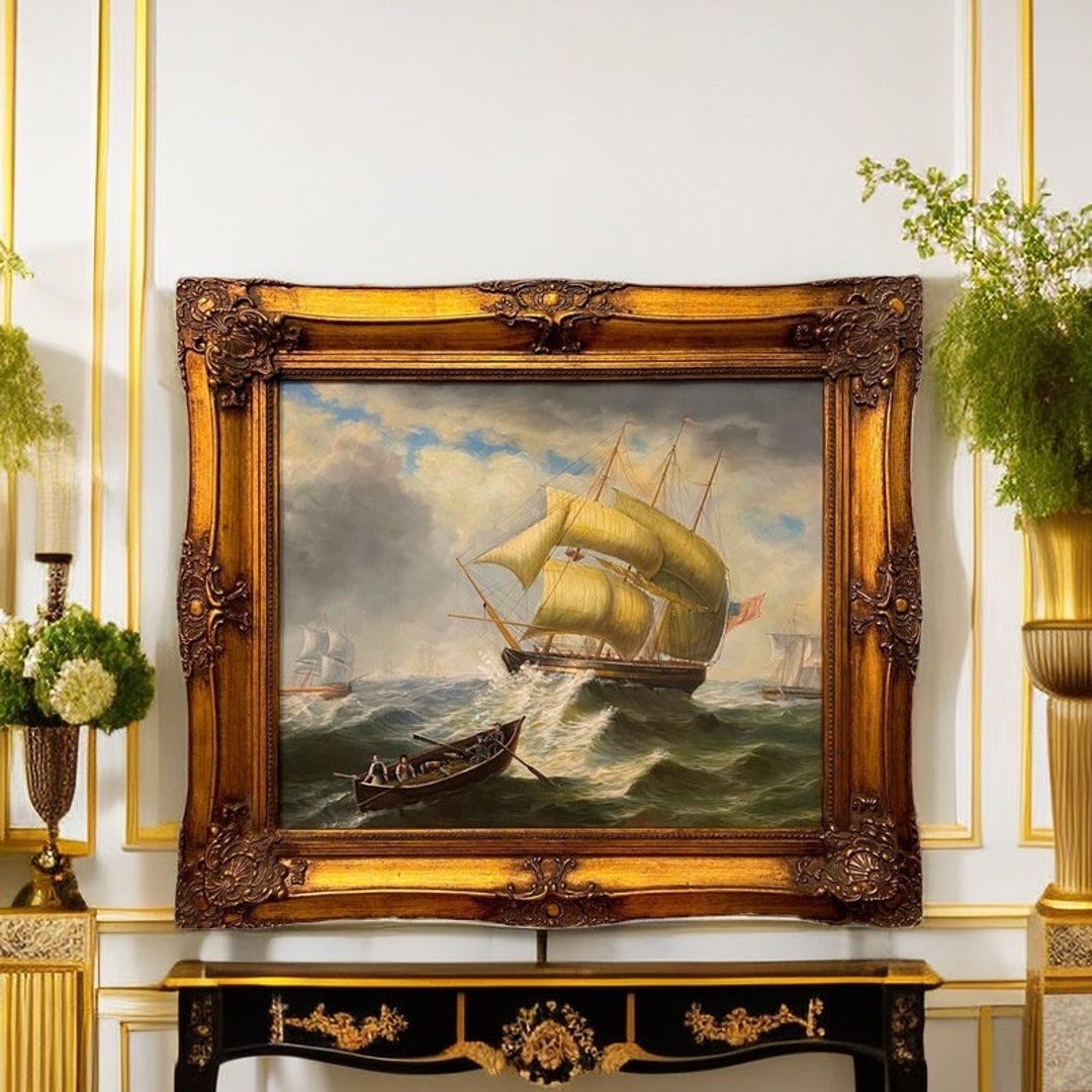 Vintage Oil Painting "us Sailing Ship in Storm", Oil on Canvas, LARGE ...