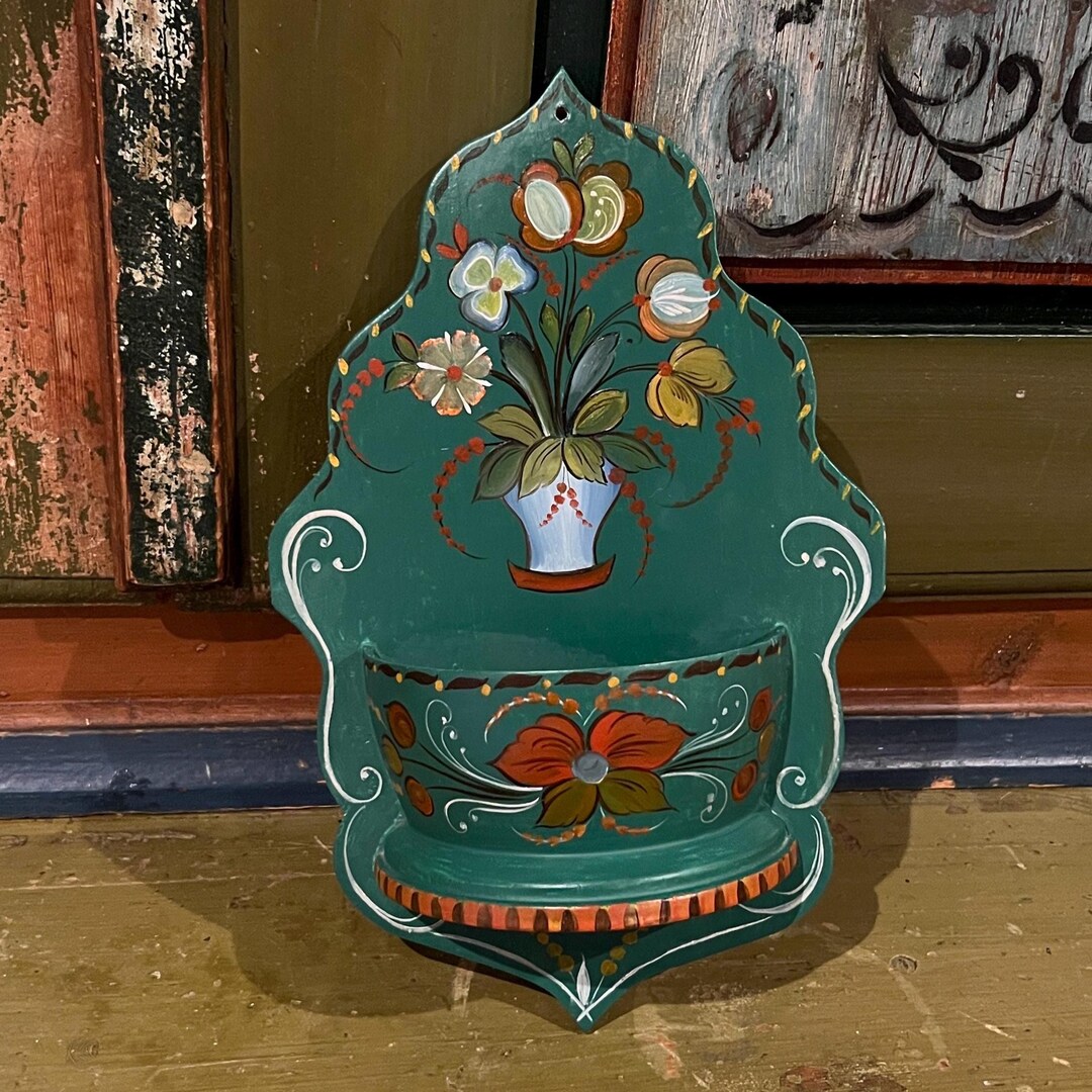 Dated 1992 Norwegian Rosemaling Wall Potte/ Wall Decor/ Flower Potte ...