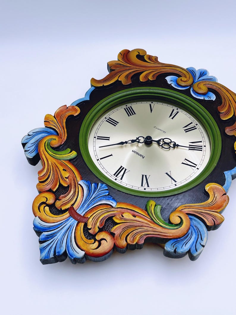 1980s Unique Wall Hanging Clock With Hand-carved Pattern, Scandinavian ...
