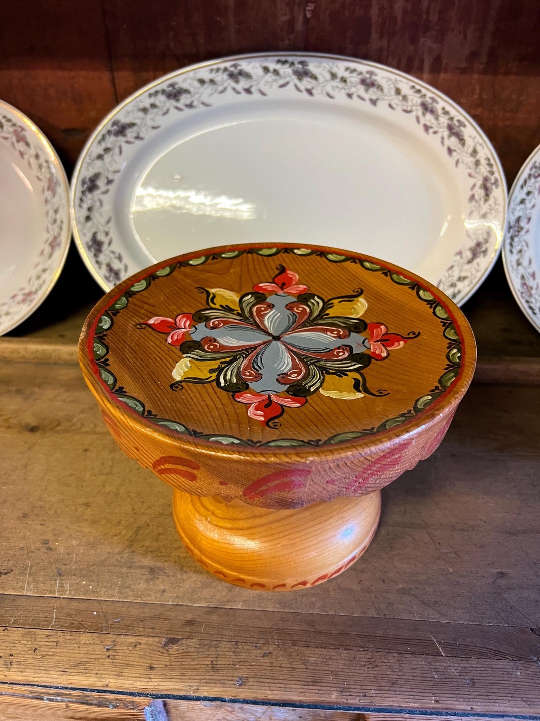 Ca. 1950s Solid Wooden Stand With Norwegian Rosemaling, Cake / Fruit ...