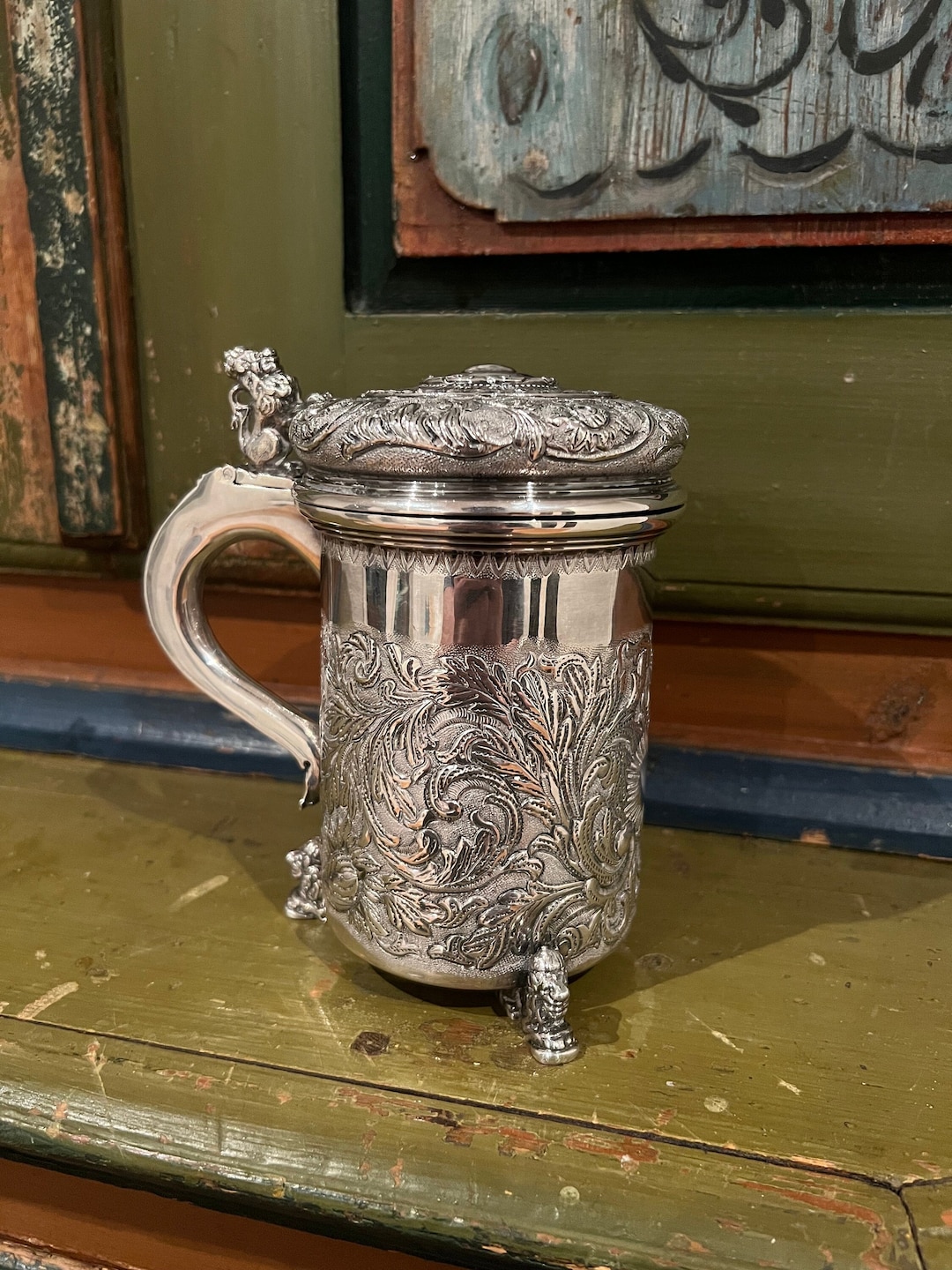 Vintage Solid Silver Jug / Tankard With Handcrafted Motifs and Lion ...