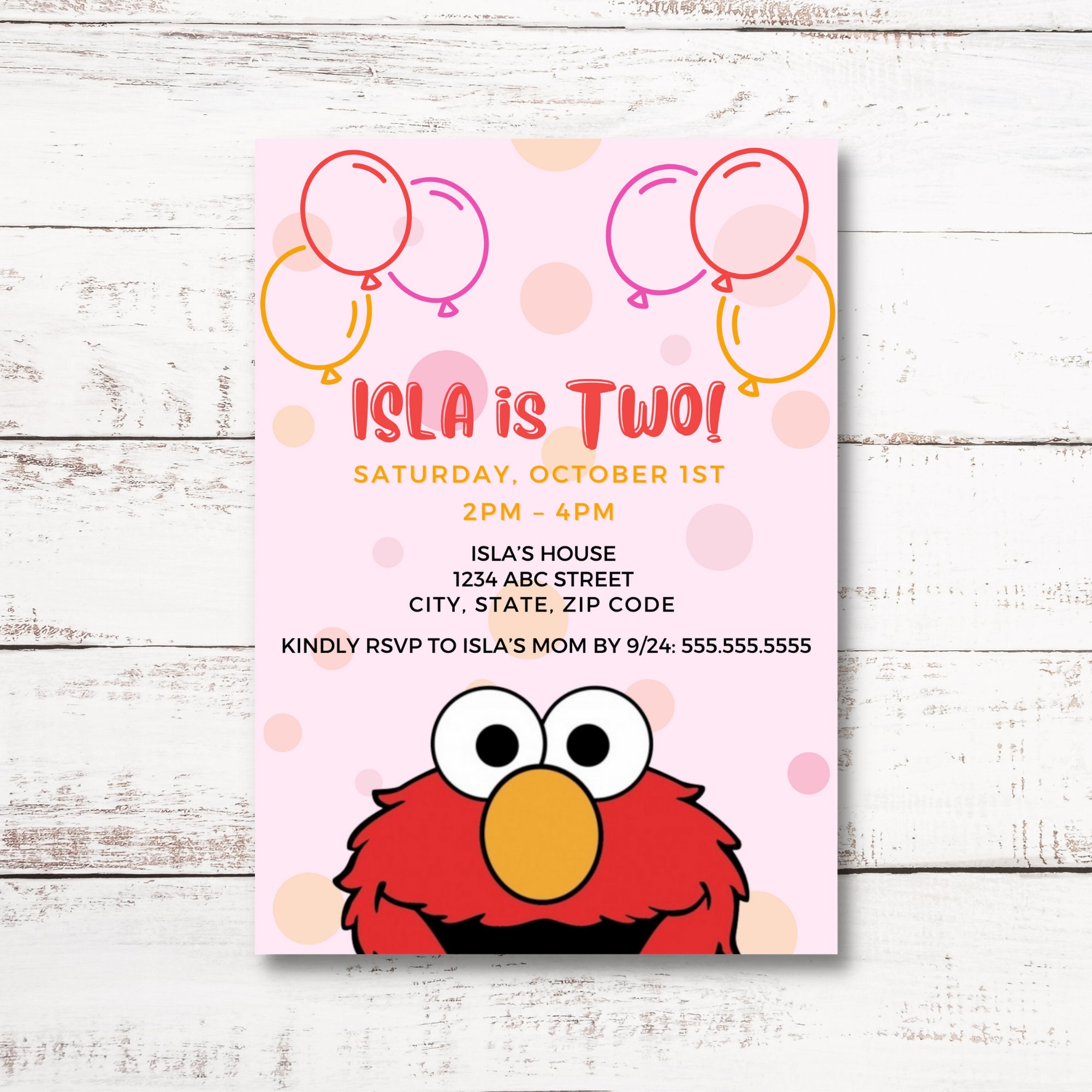 Pink Girly Elmo 1st 2nd Birthday Party Invitation Modern 5x7 Etsy