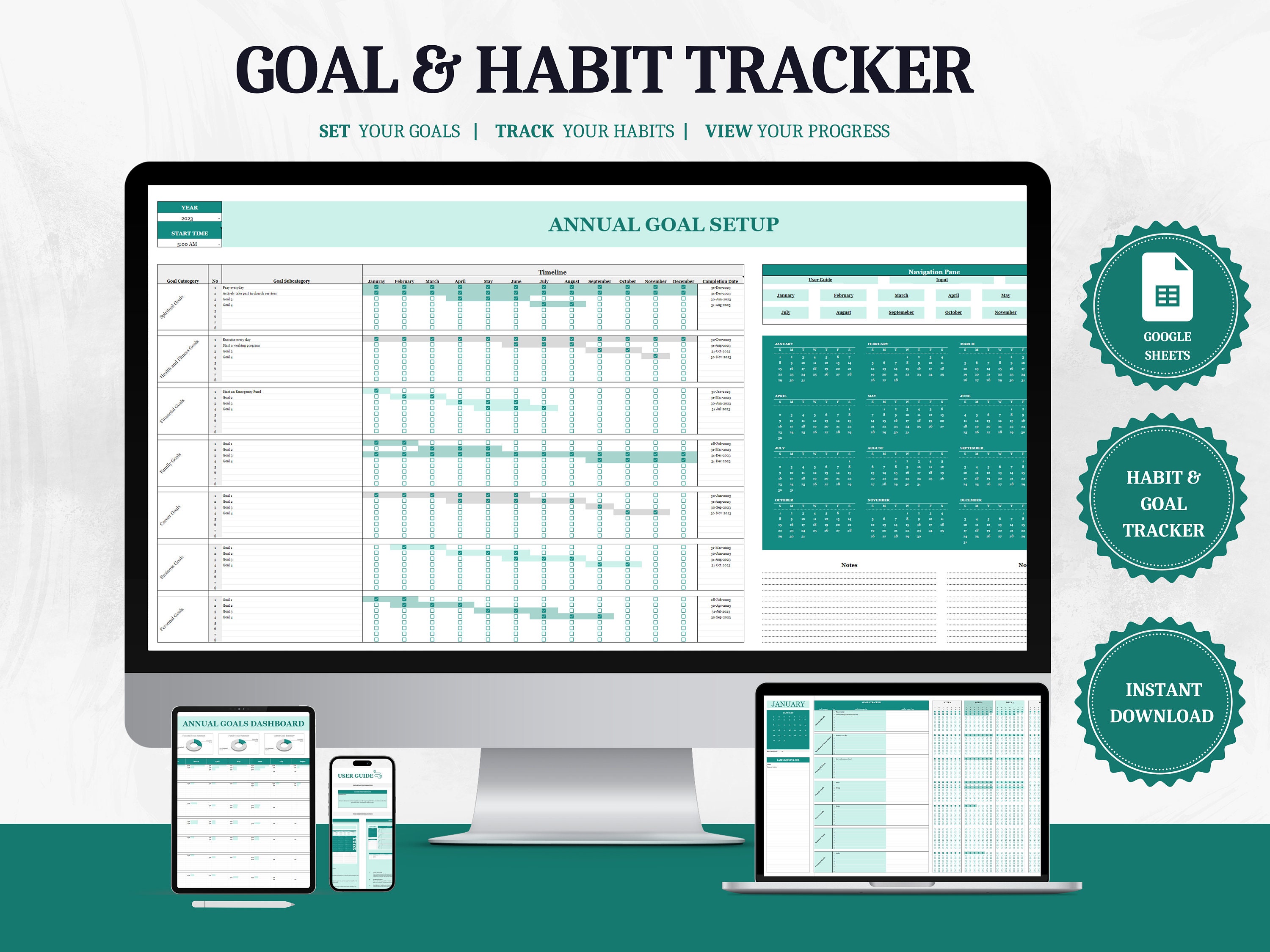 Goal Planner and Habit Tracker Spreadsheet Digital Planner Monthly Goal ...