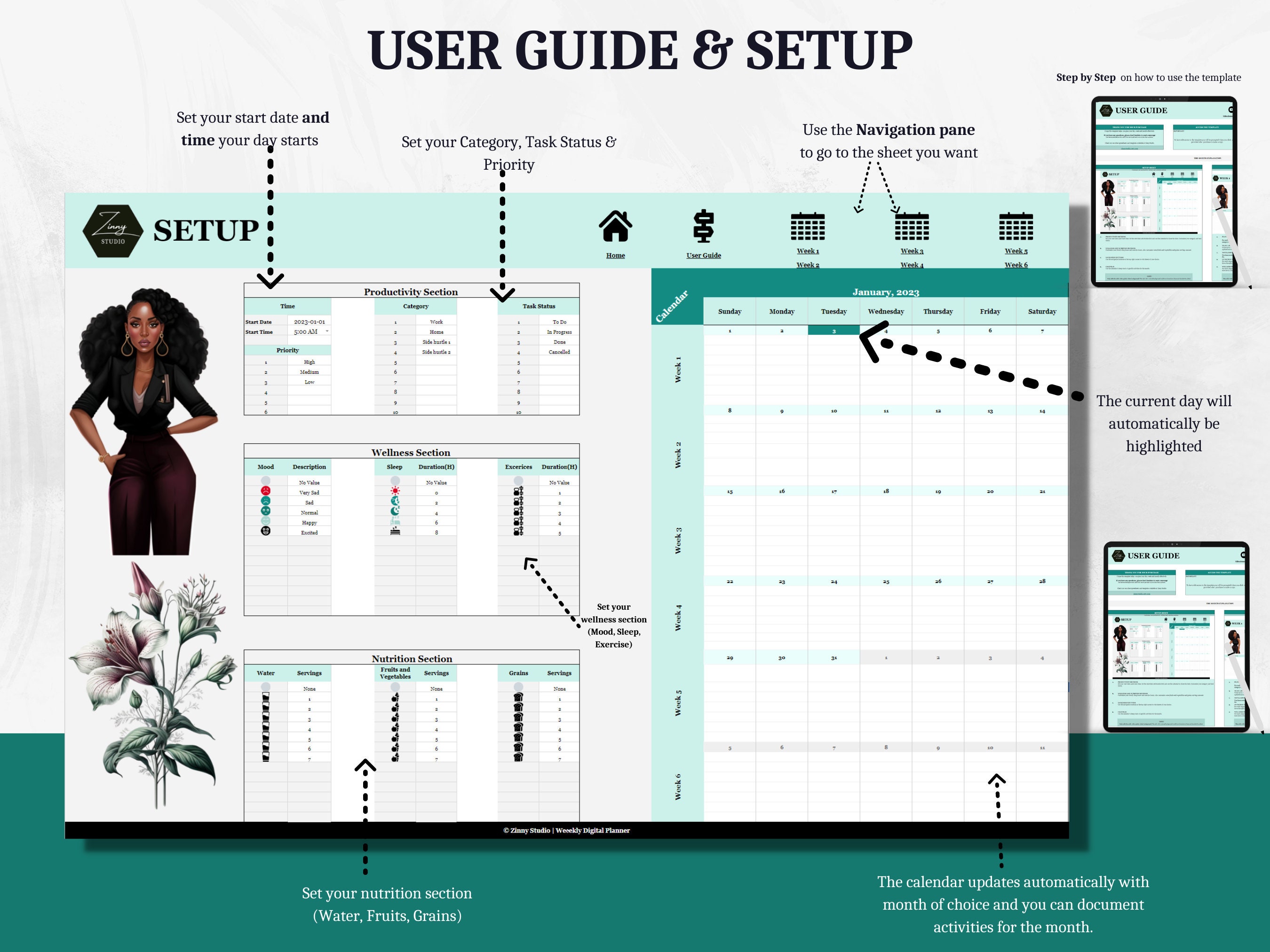 Google Sheets Digital Planner Monthly Planner Weekly Planner Dailly ...