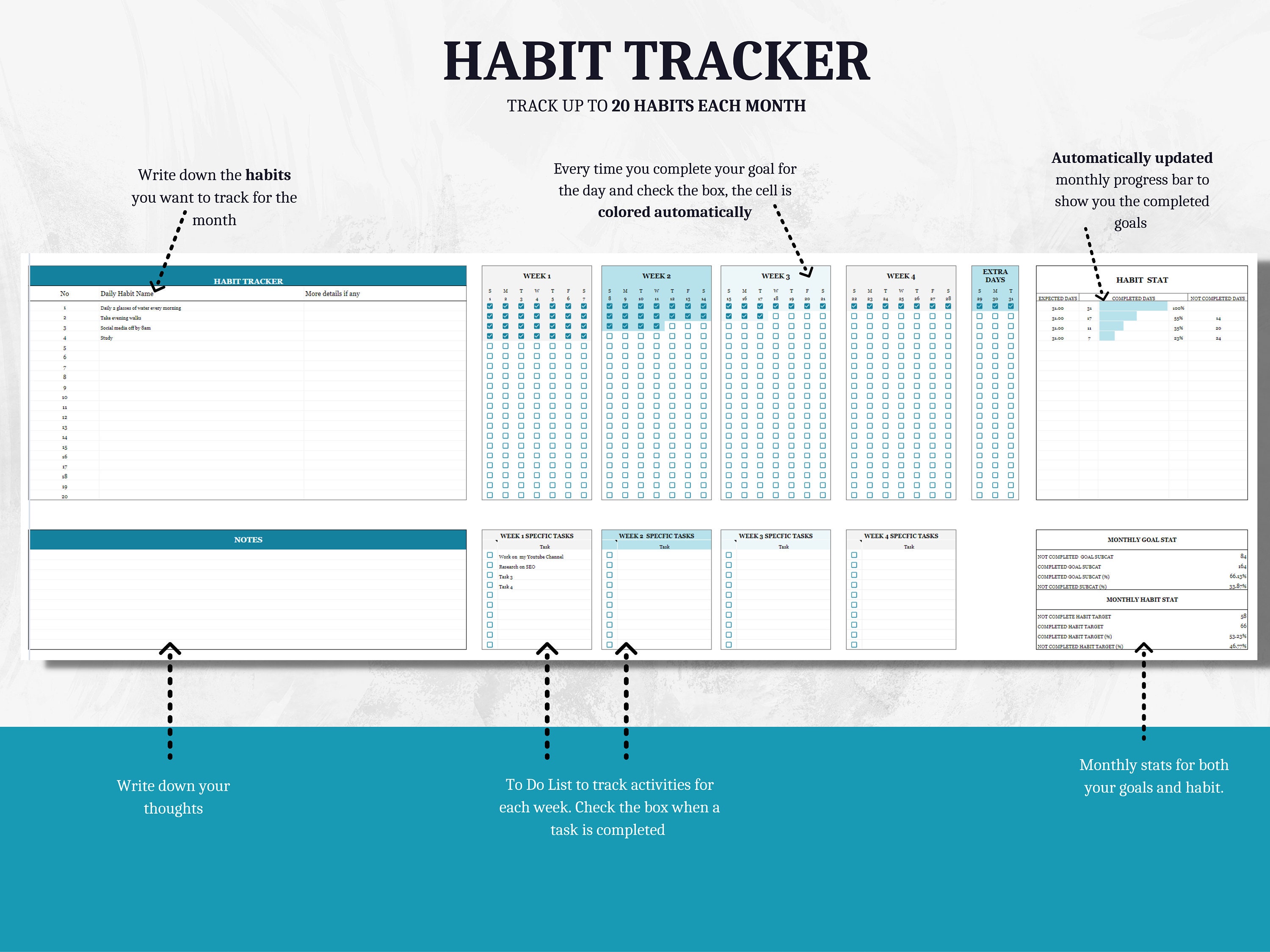 Goal Planner and Habit Tracker Spreadsheet Digital Planner Monthly Goal ...