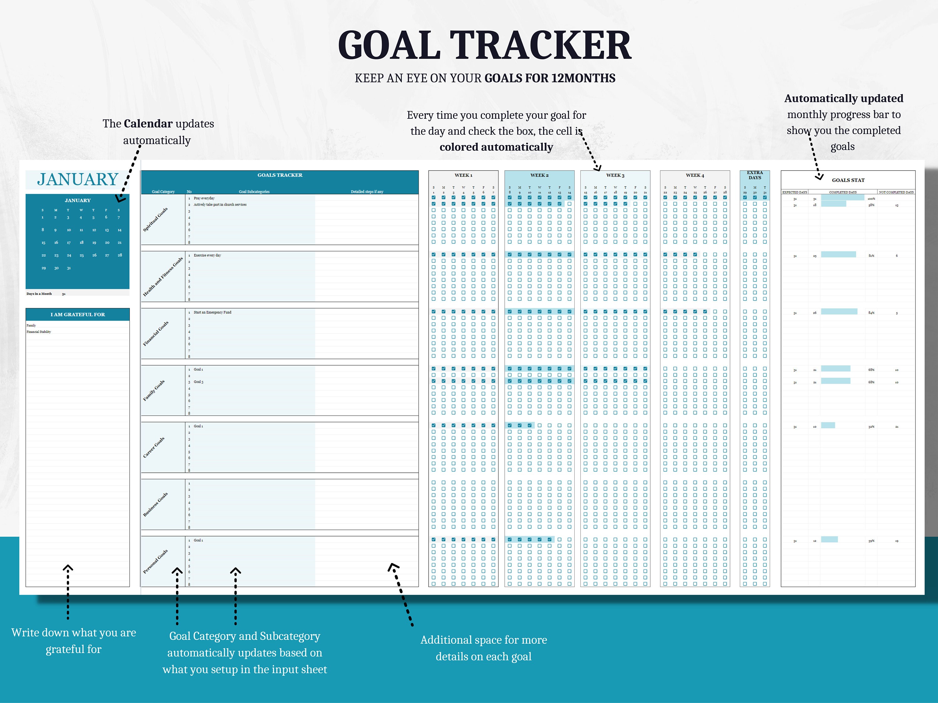 Goal Planner and Habit Tracker Spreadsheet Digital Planner Monthly Goal ...