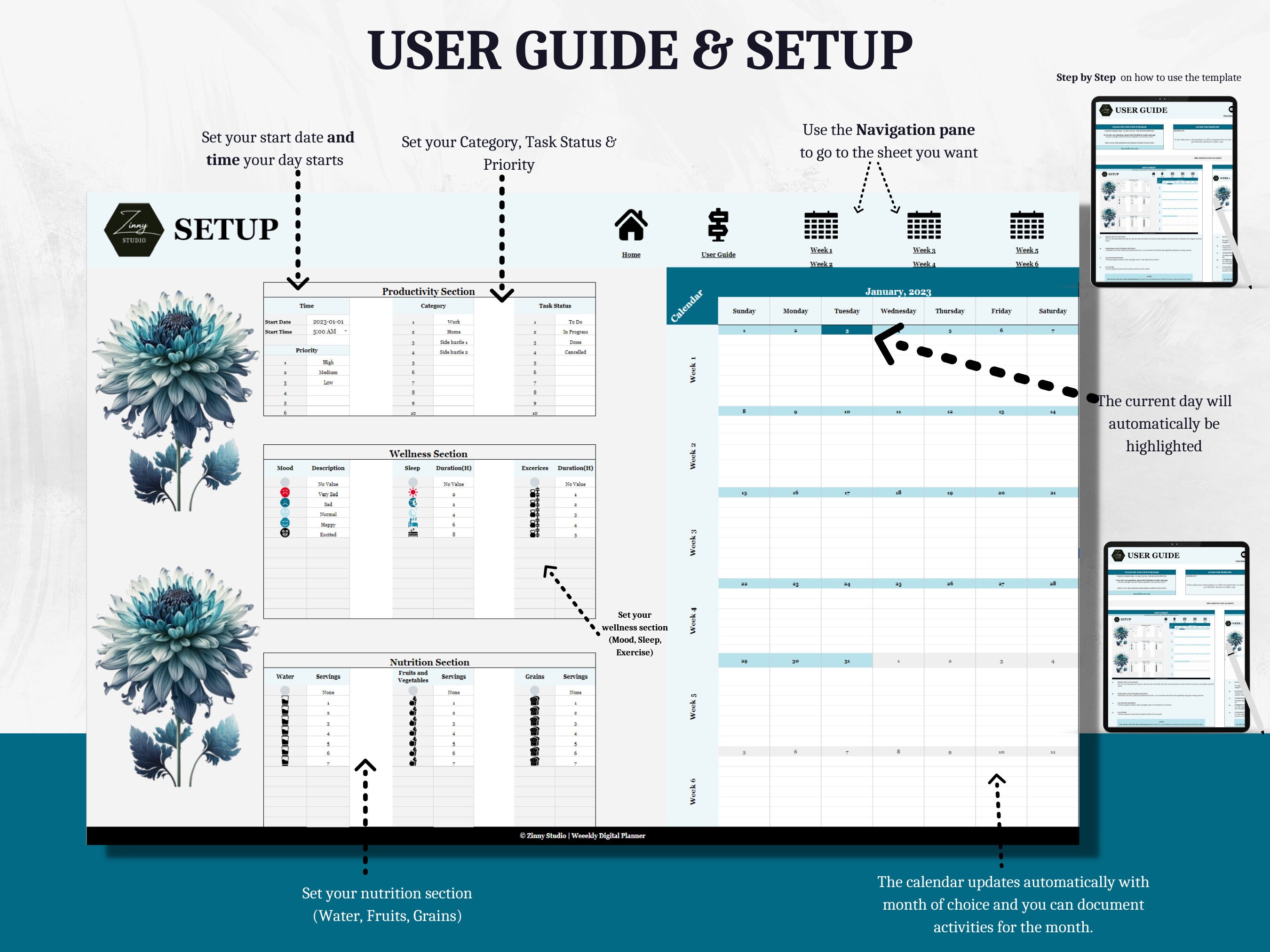 Google Sheets Digital Planner Monthly Planner Weekly Planner Dailly ...