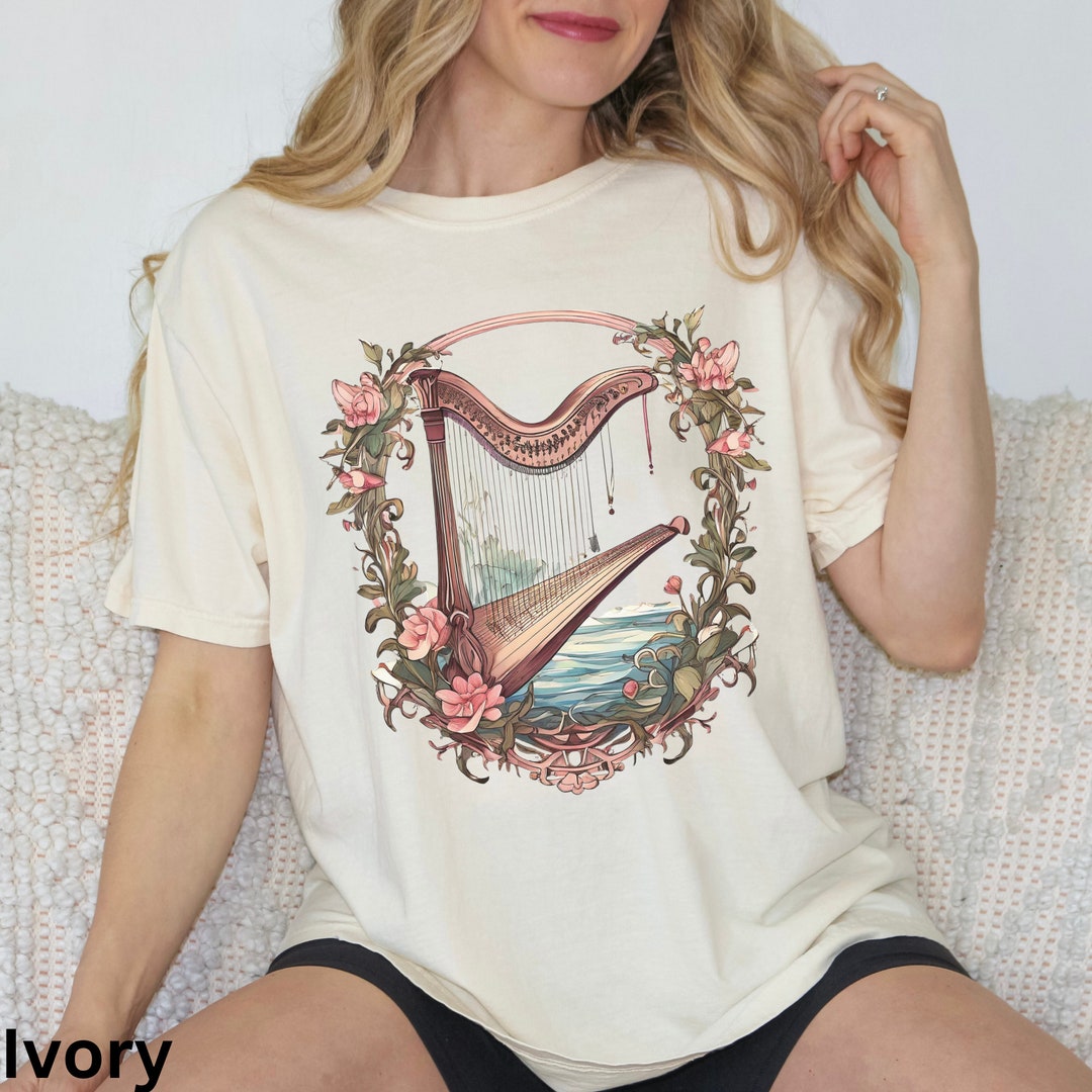Floral Harp Shirt, Botanical String Instrument T-shirts, Girl Musician ...