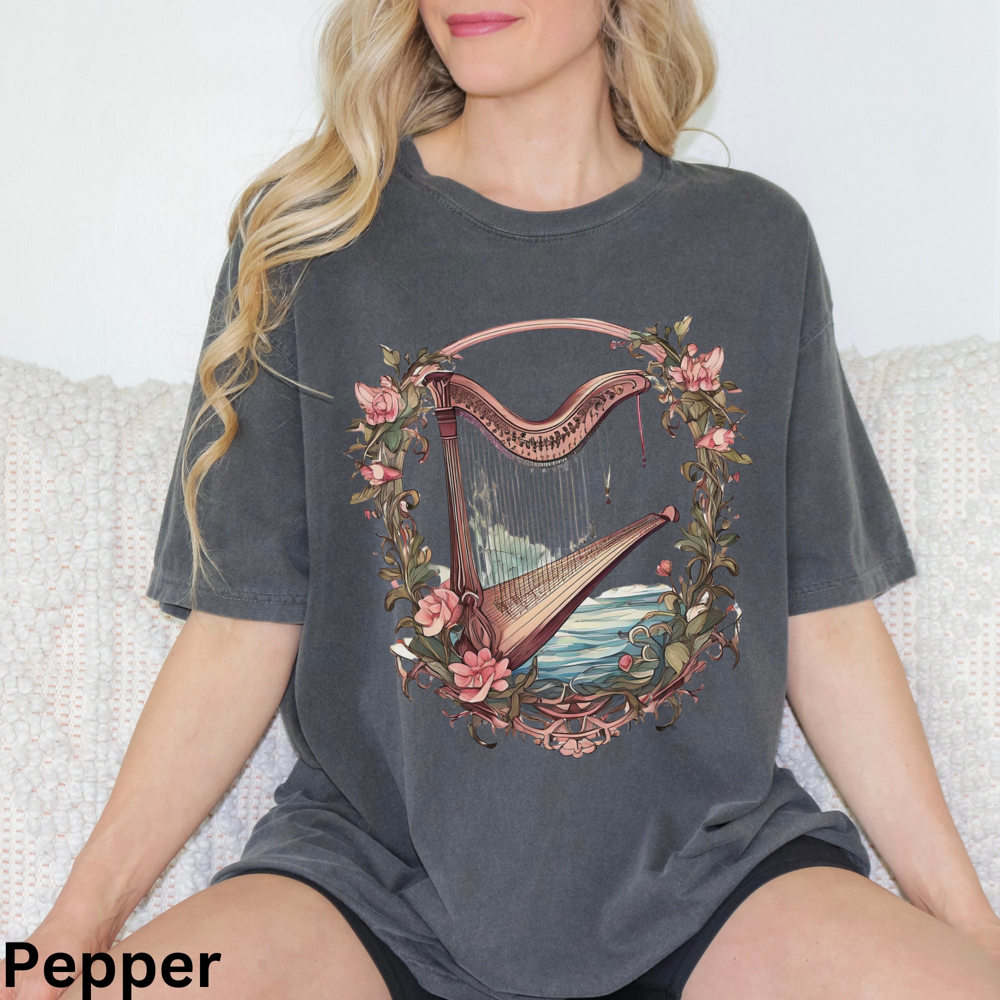 Floral Harp Shirt, Botanical String Instrument T-shirts, Girl Musician ...