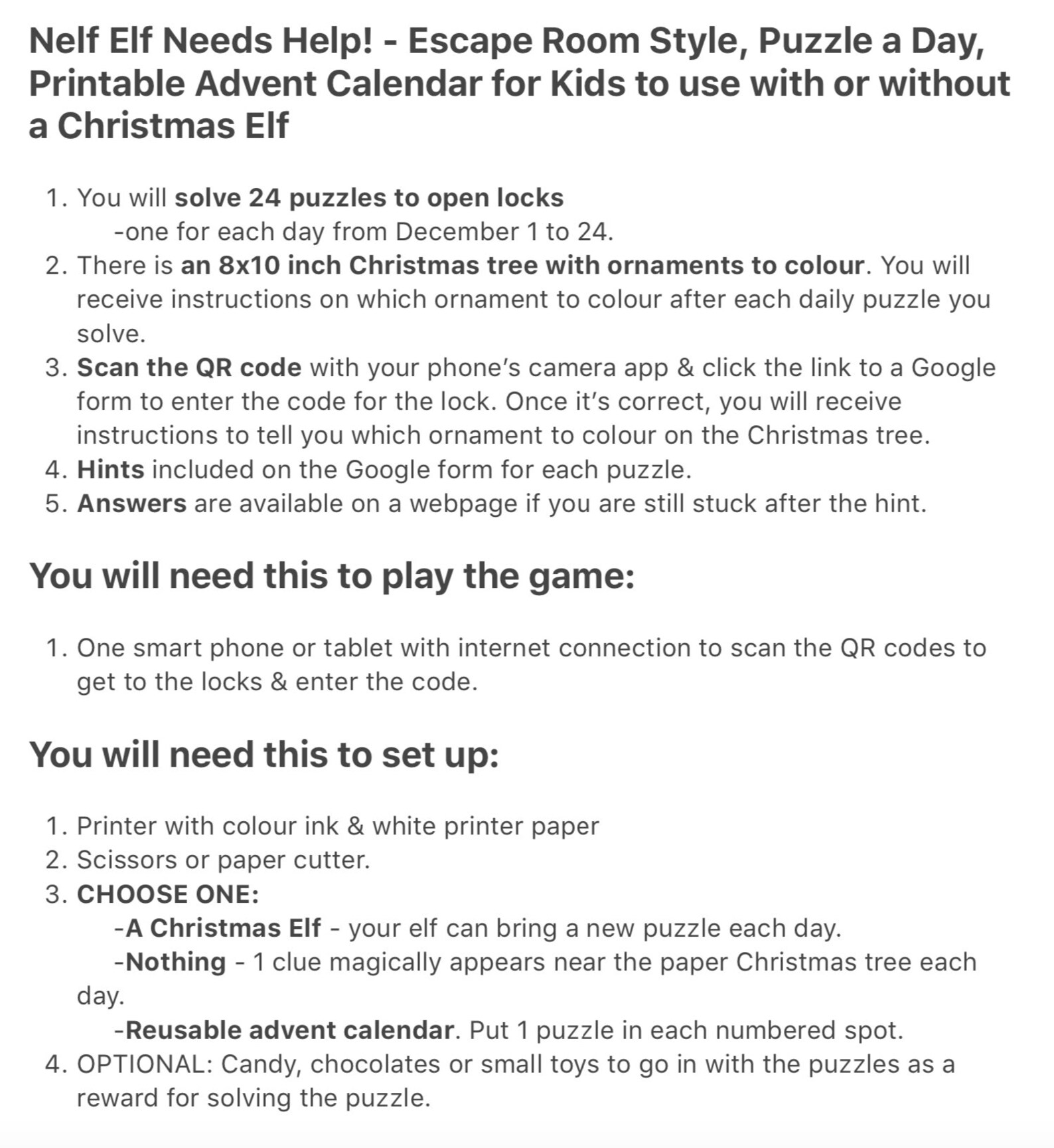 Kids Christmas Escape Room: Elf Advent Calendar (printable) - Etsy