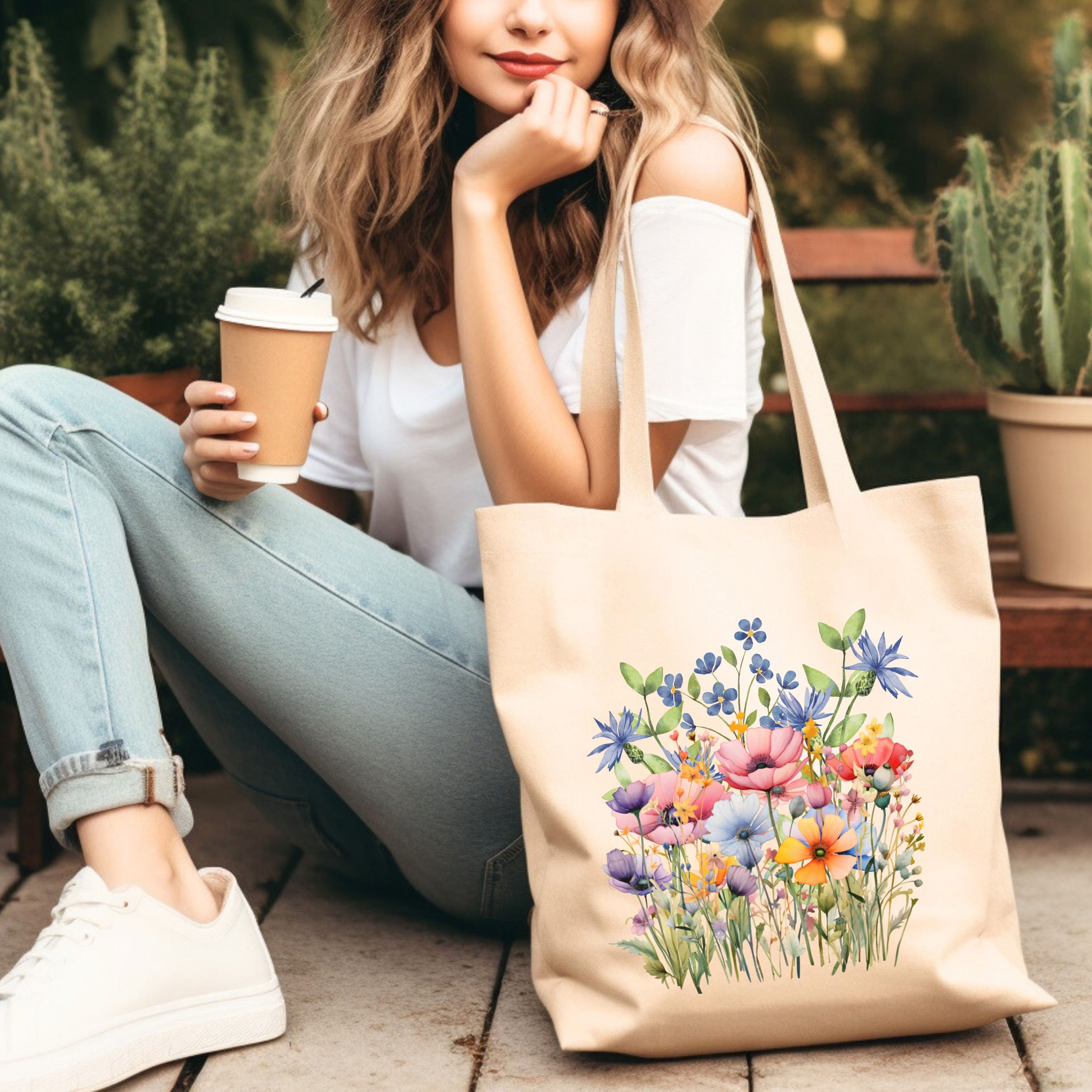 Wildflower Canvas Tote Bag, Reusable Canvas Grocery Bag, Eco Friendly ...