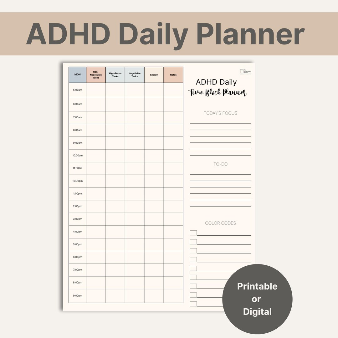 ADHD Daily Time Block Planner Printable – Color-coded PDF Schedule for ...