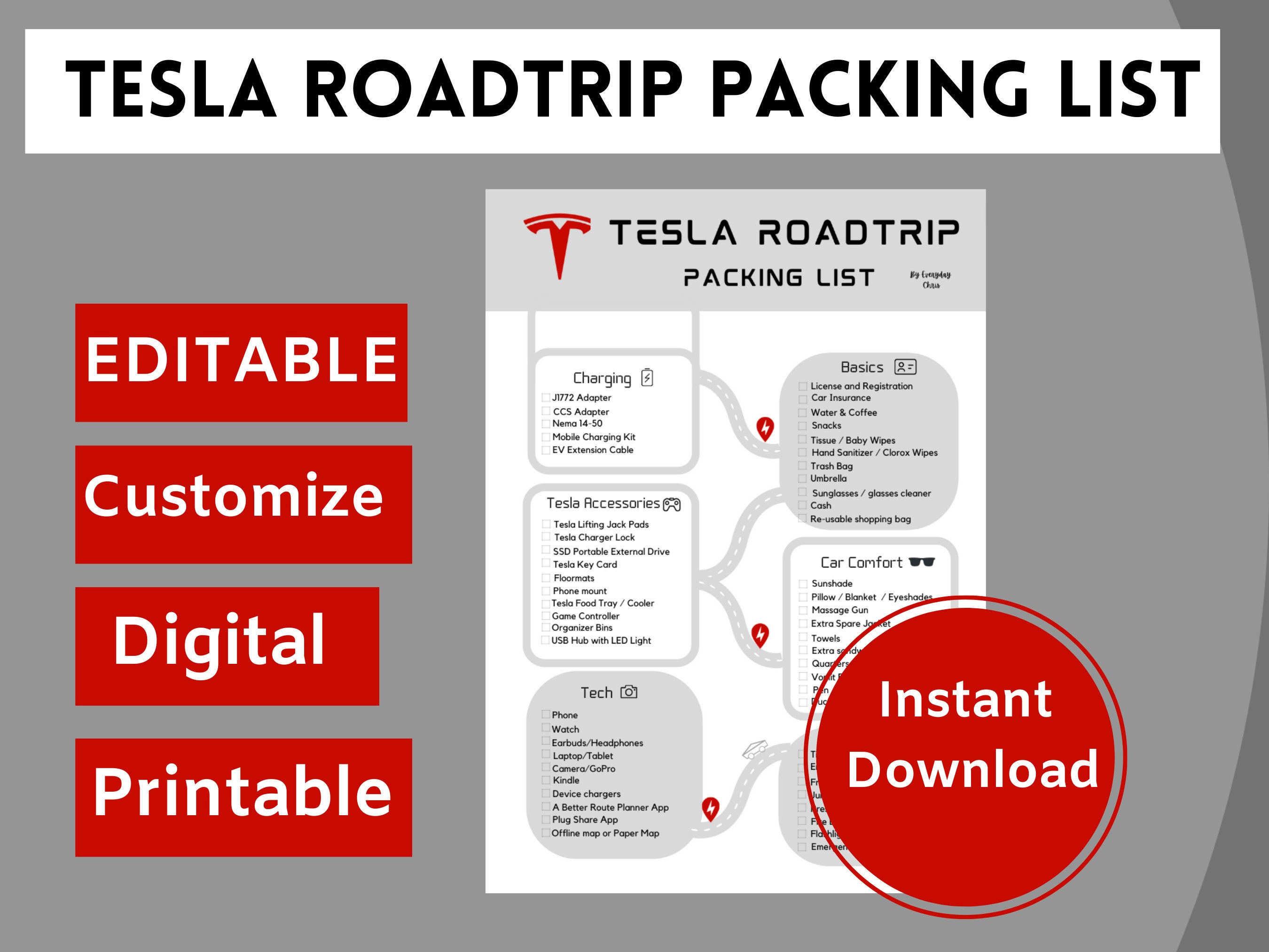 Tesla Roadtrip Packing List (digital, EDITABLE, Customizable) - Etsy