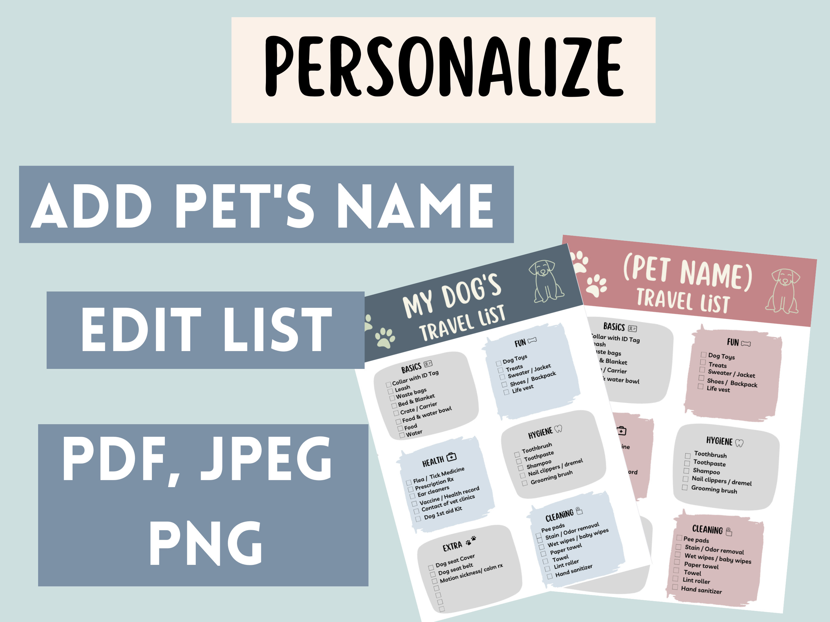 Dog Travel Packing List, EDITABLE, CUSTOMIZE - Etsy