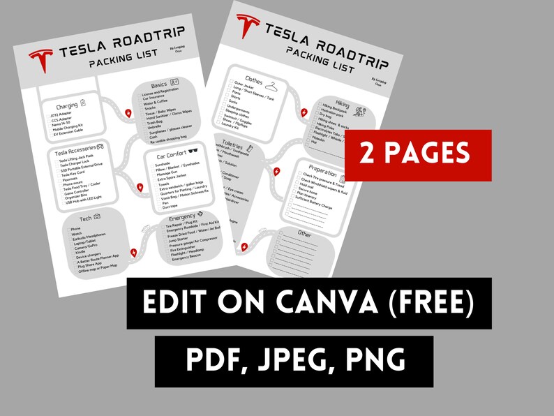 Tesla Roadtrip Packing List (digital, EDITABLE, Customizable) - Etsy
