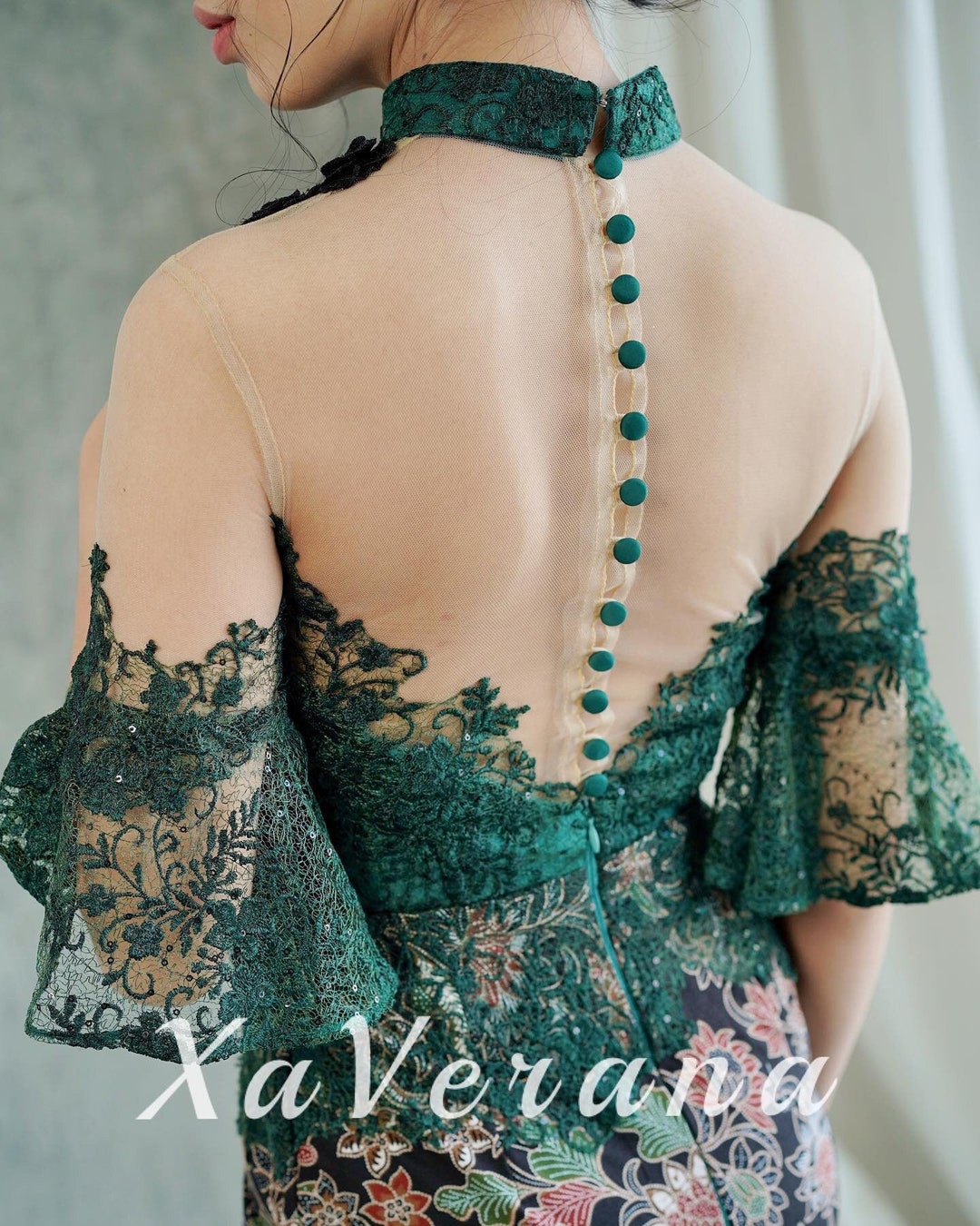 Emerald Green Brocade Kebaya Dress: Modern Batik Indonesian Clothing ...