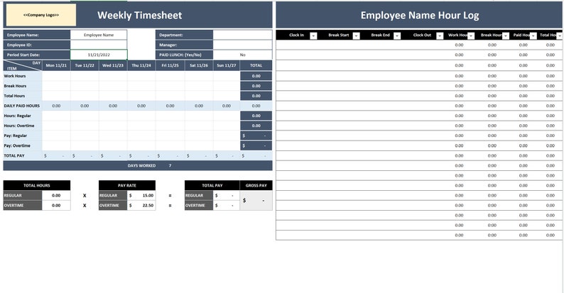 Excel Template Weekly Timesheet Non-customizable: Calculates Hours and ...