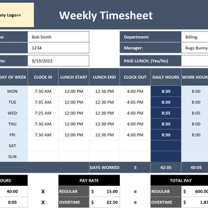 Weekly Employee Timesheet Template Excel With Lunch Breaks and ...