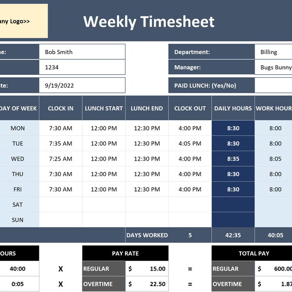 Weekly Timesheet for Employee - Etsy