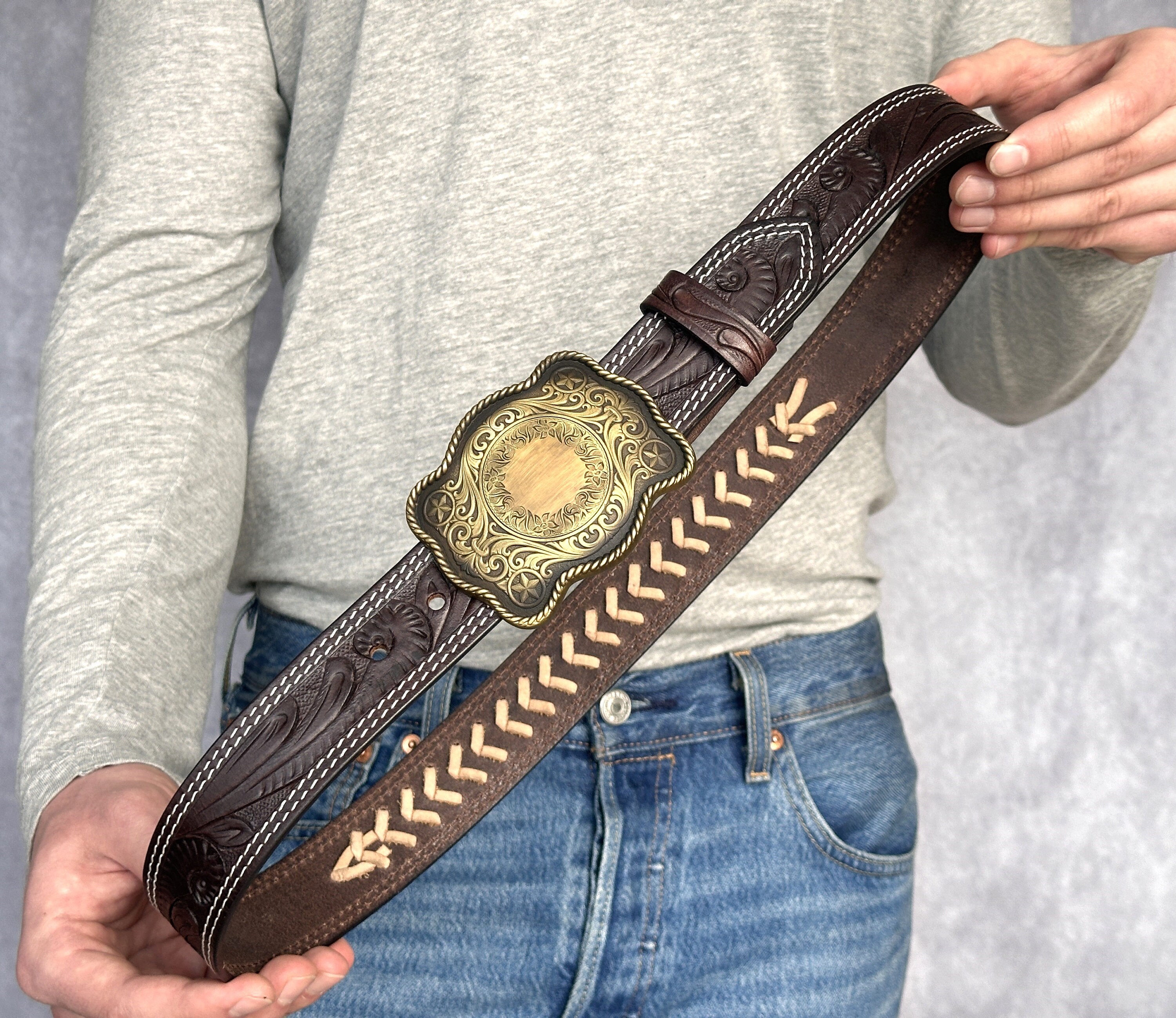 Men's Western Tooled Genuine Leather Belt With Cowboy Buckle Belt ...