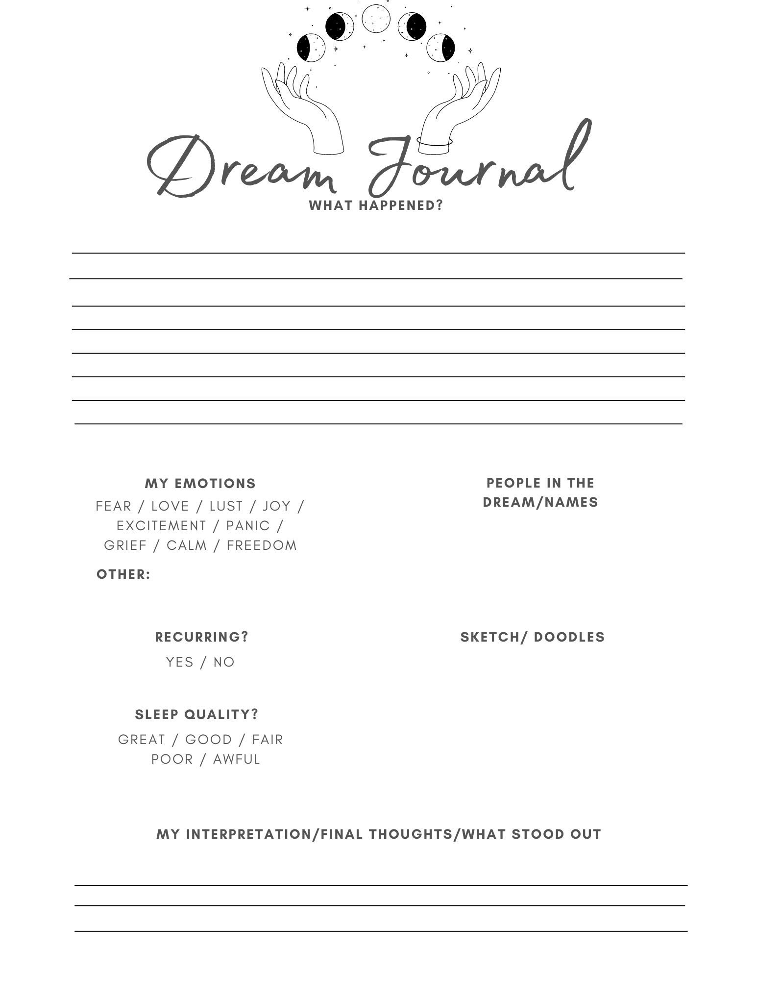 Dream Journal, Dream Tracker, Dream Log, Dream Interpretation Journal ...