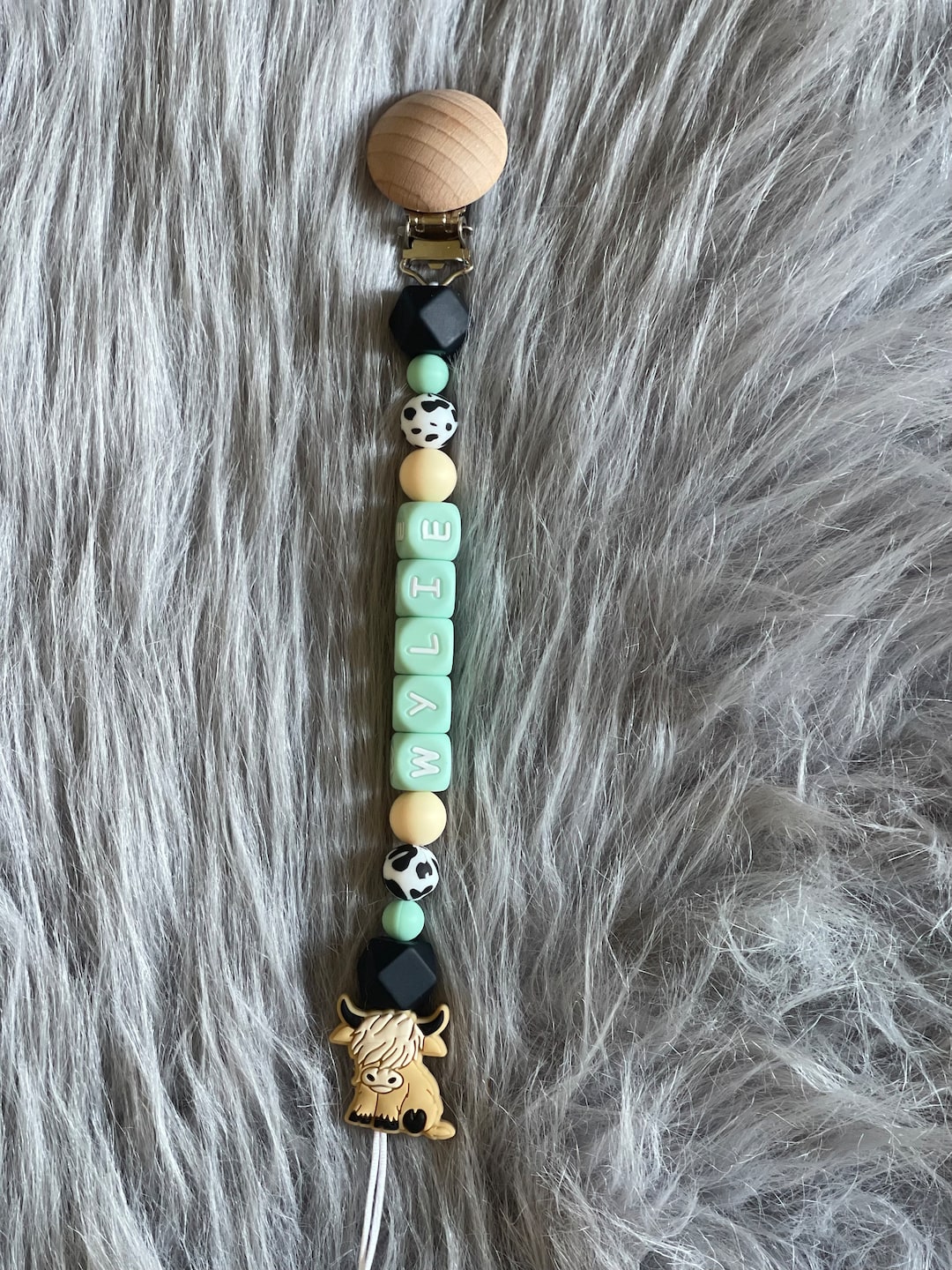 Mint and Blonde Highland Cow Custom Pacifier Clip| Personalized ...