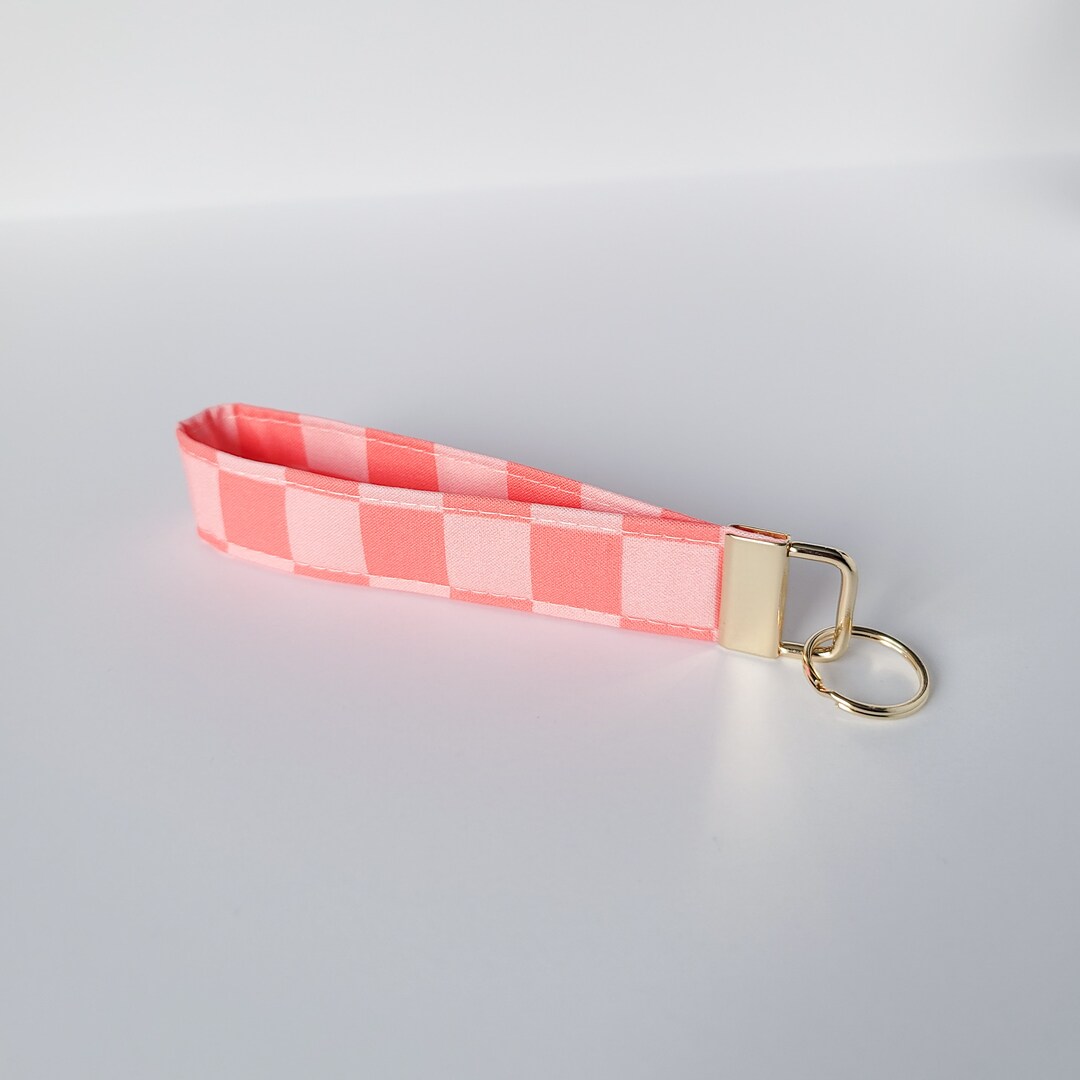 Coral & Pink Checkered Key Fob Wristlet, Groovy Retro Keychain ...