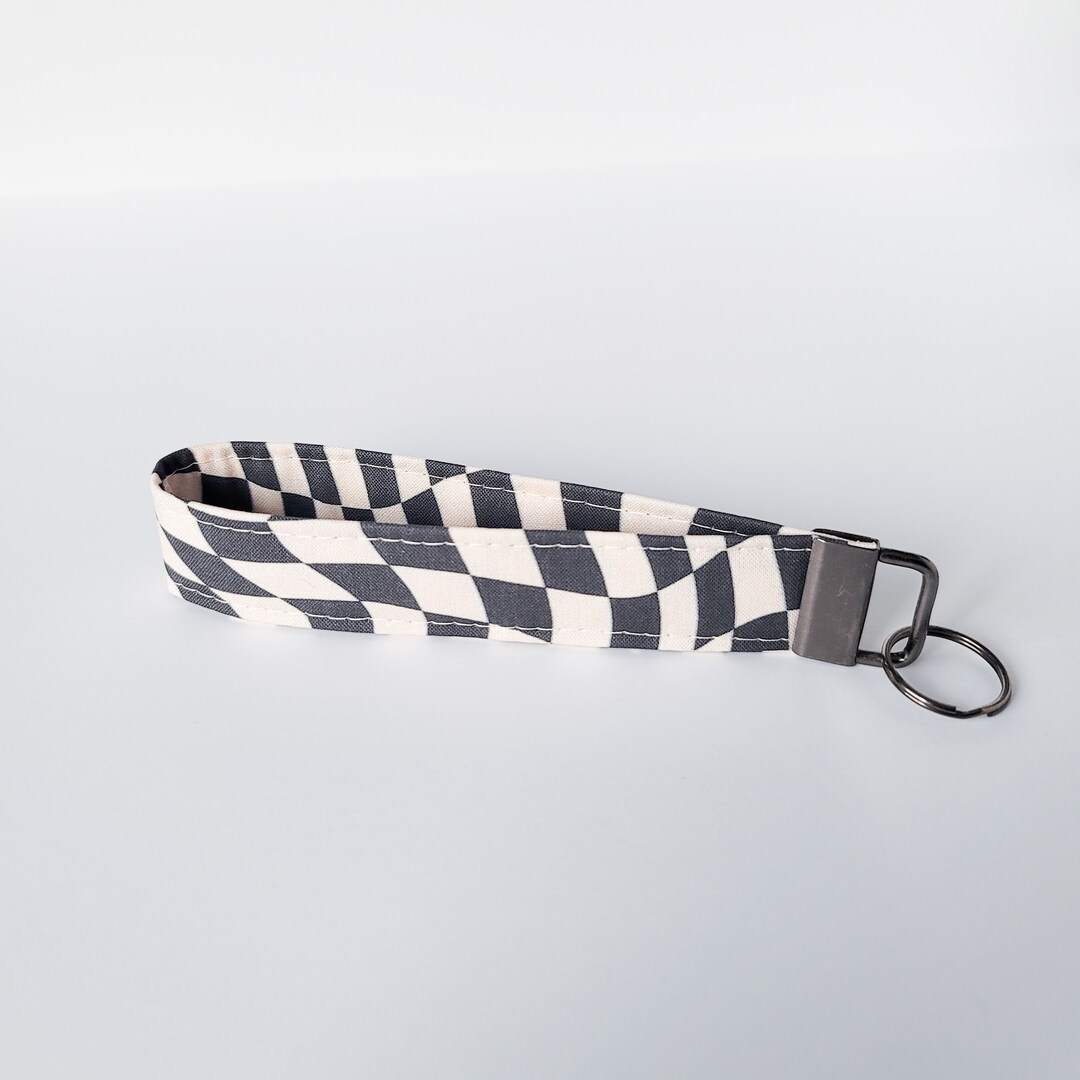 Black and White Wavy Checkered Key Fob Wristlet, Groovy Retro Keychain ...