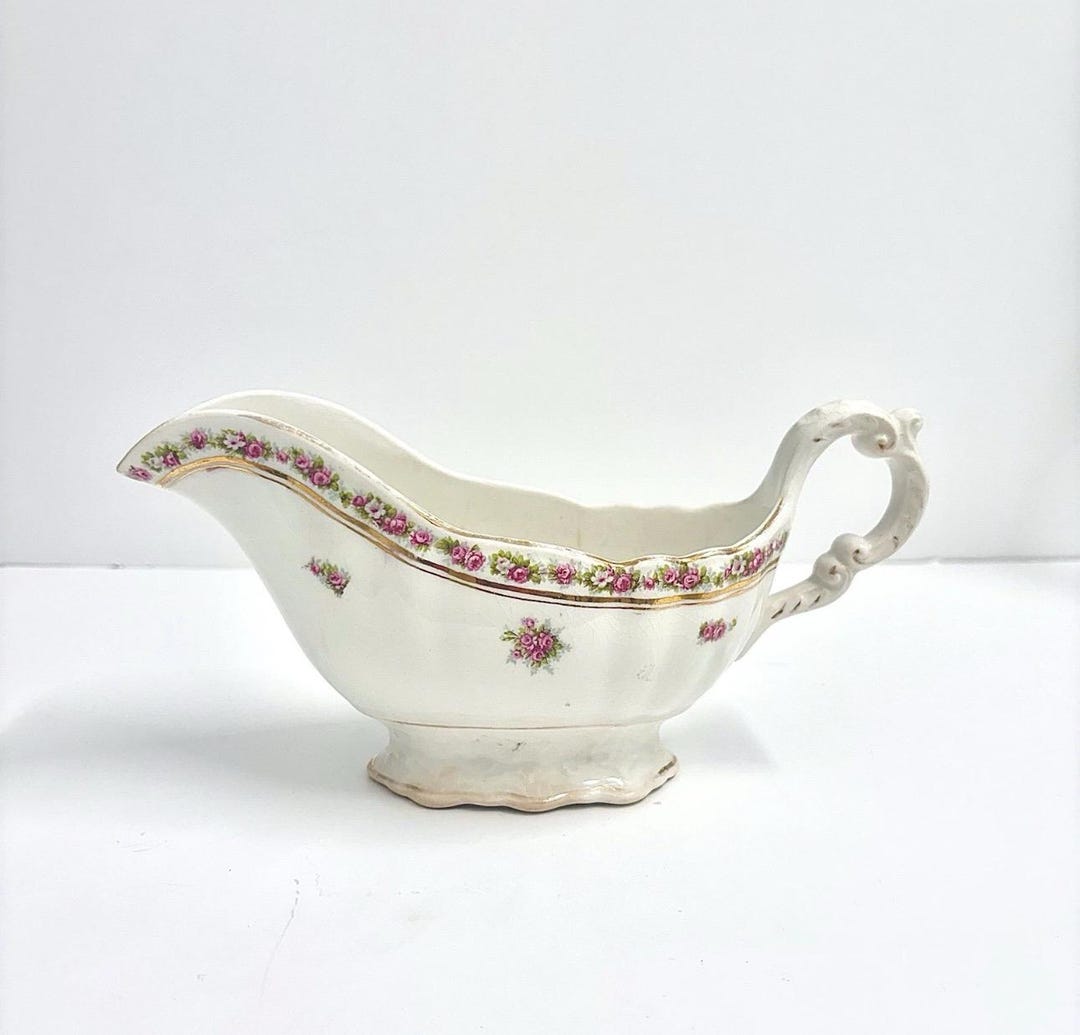 Antique Mercer Semi Vitreous Gravy Boat With Pink Floral Rose Pattern ...
